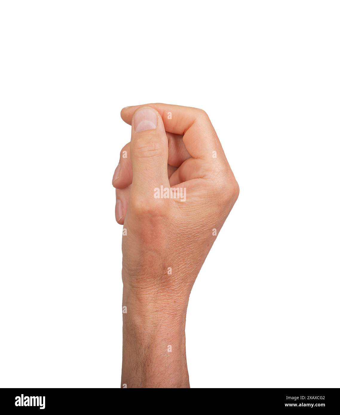 Hand holding something small, isolated on white background. Gesture ...