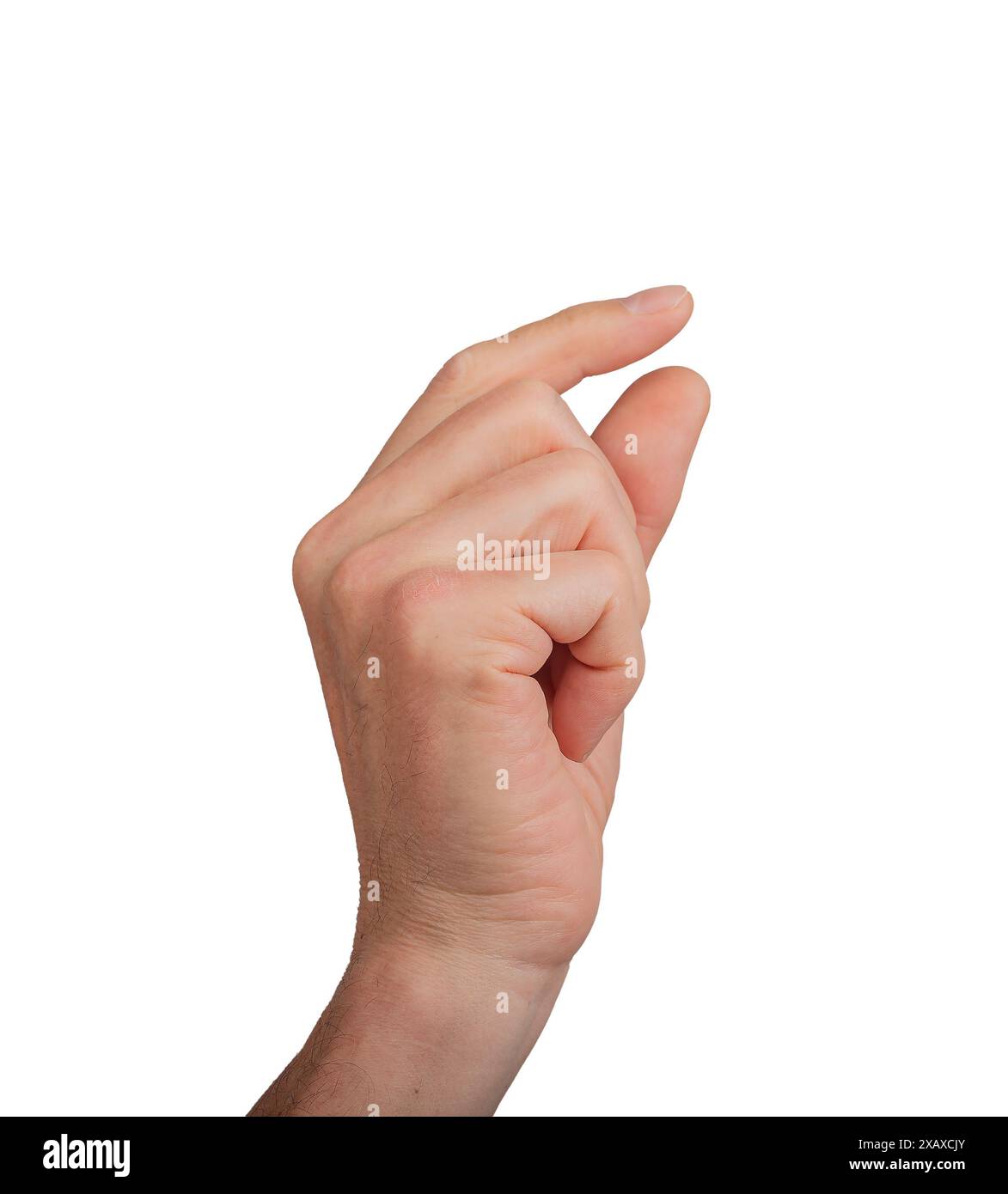 Hand holding a little bit of something, isolated on white background ...