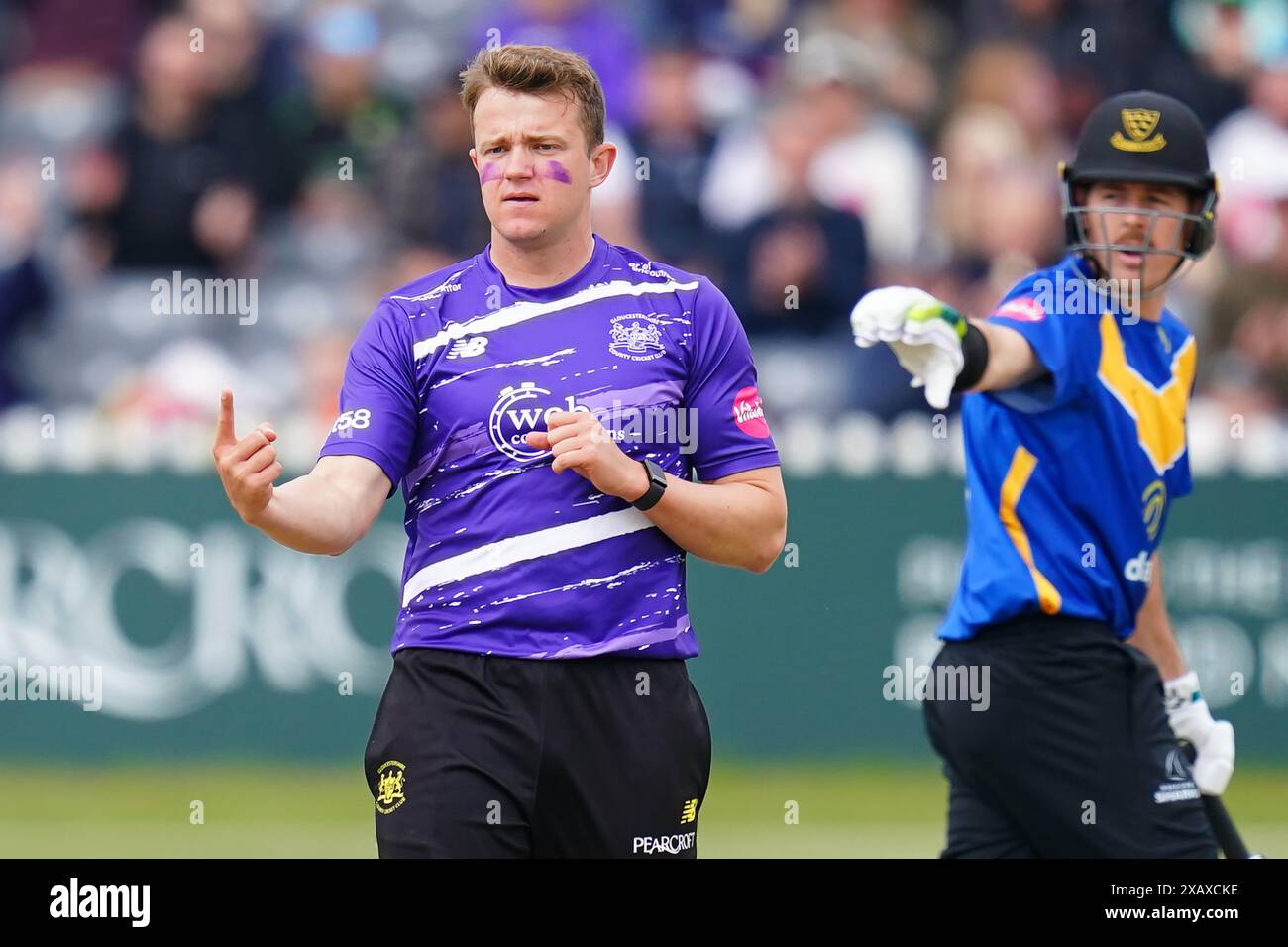 Bristol, UK, 9 June 2024. Gloucestershire's Josh Shaw celebrates taking ...