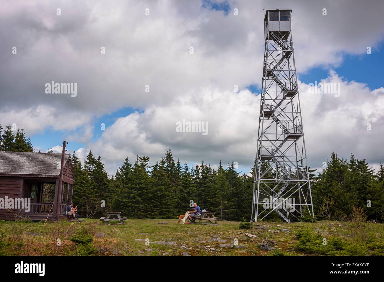 Hunter, NY, USA, May 19, 2024: The Hunter Mountain fire tower is one of five in the Catskill ...
