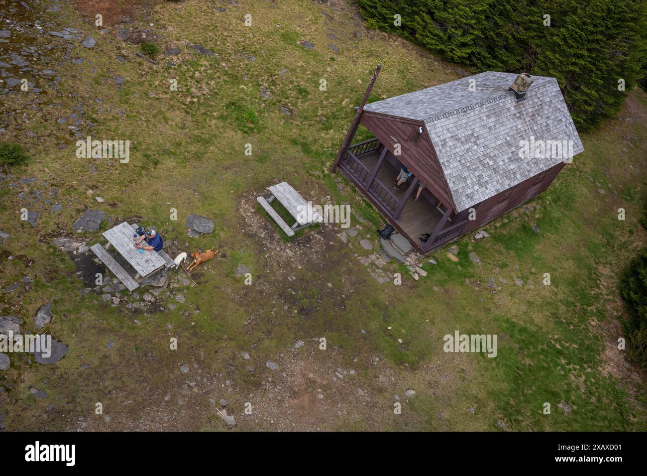 Hunter, NY, USA, May 19, 2024: The Hunter Mountain fire tower is one of ...