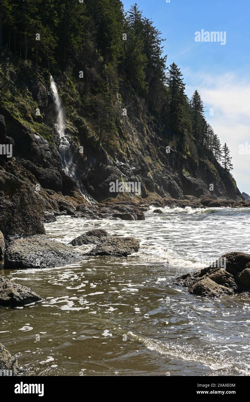 Waterfall falling into the Pacific Ocean. Third Beach, Olympic National ...