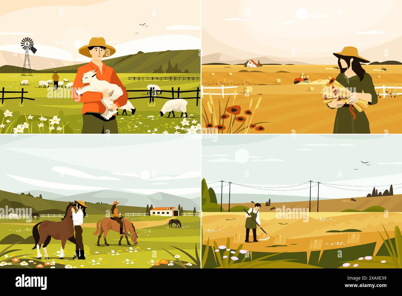 Rural landscape with farmers. Farm landscape with agricultural workers ...