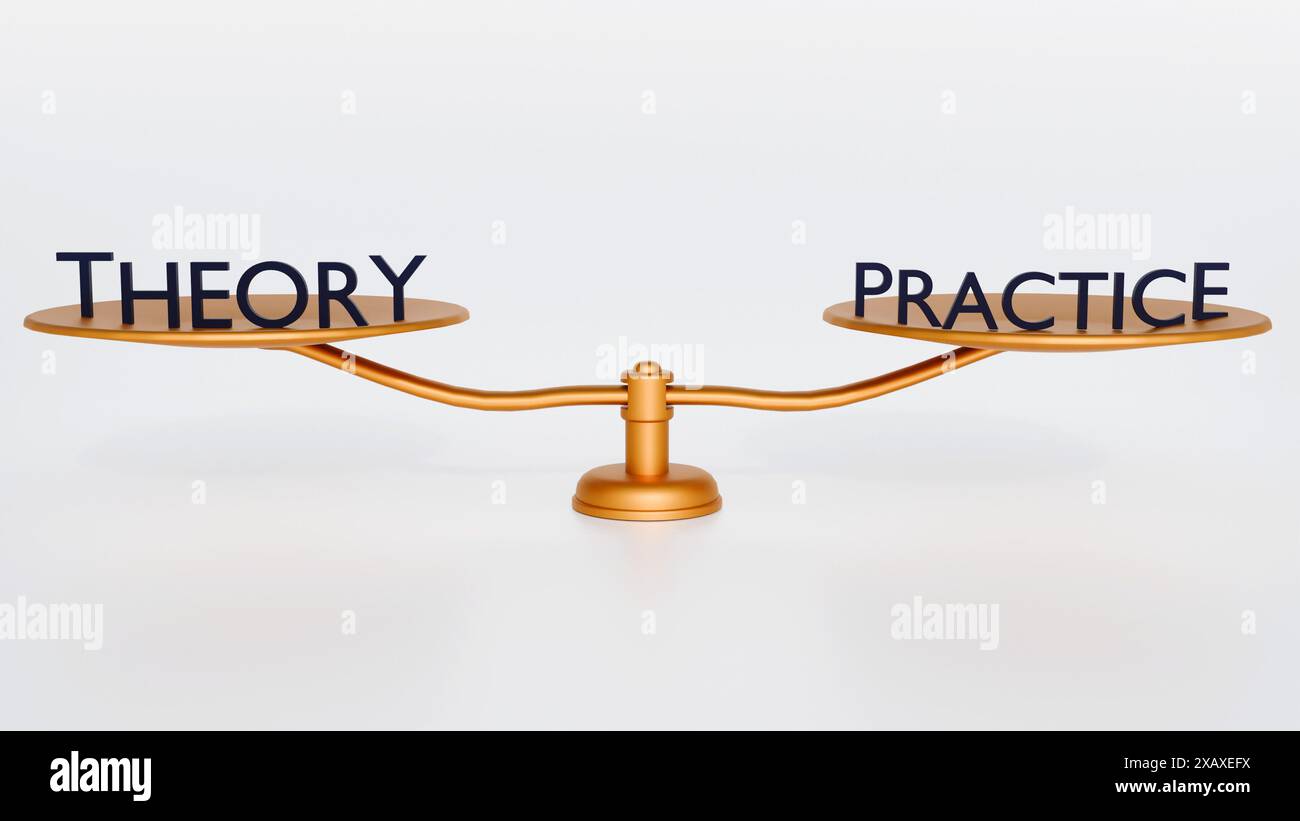 3d animation of practice and theory in balance; a scale and words ...