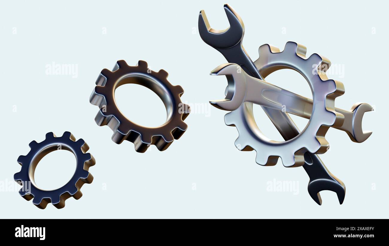 3d dimensional of isolated steel gear and wrench tool Stock Photo - Alamy
