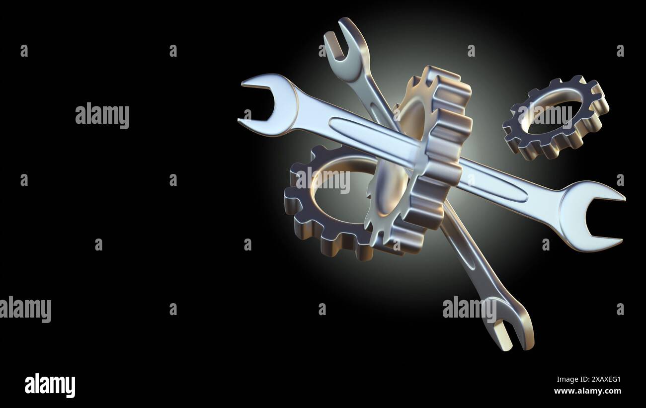 3d dimensional of isolated steel gear and wrench tool Stock Photo - Alamy