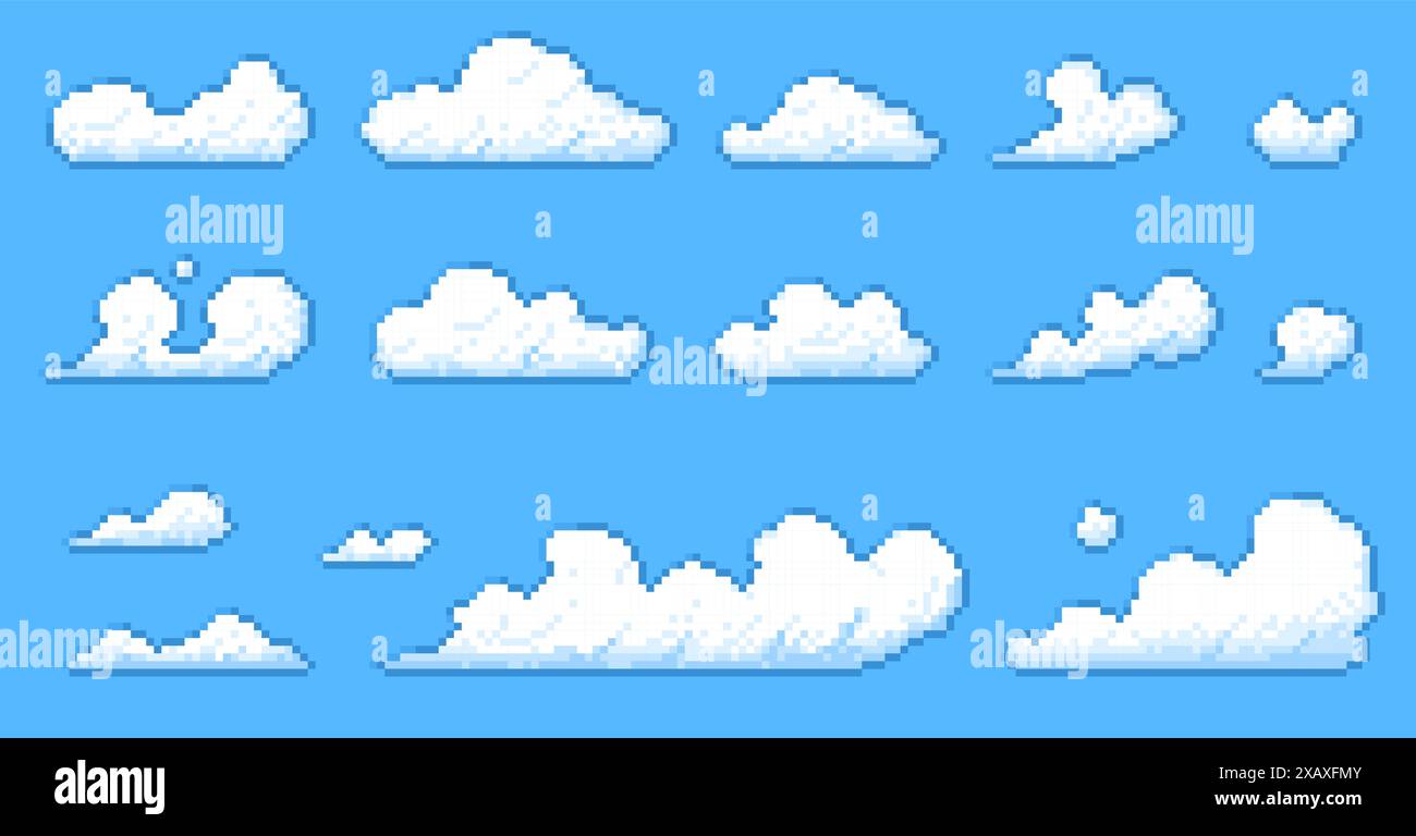 Pixel clouds. Retro 8 bit flying fluffy white clouds, 16 bit sky heaven background with cartoon ...