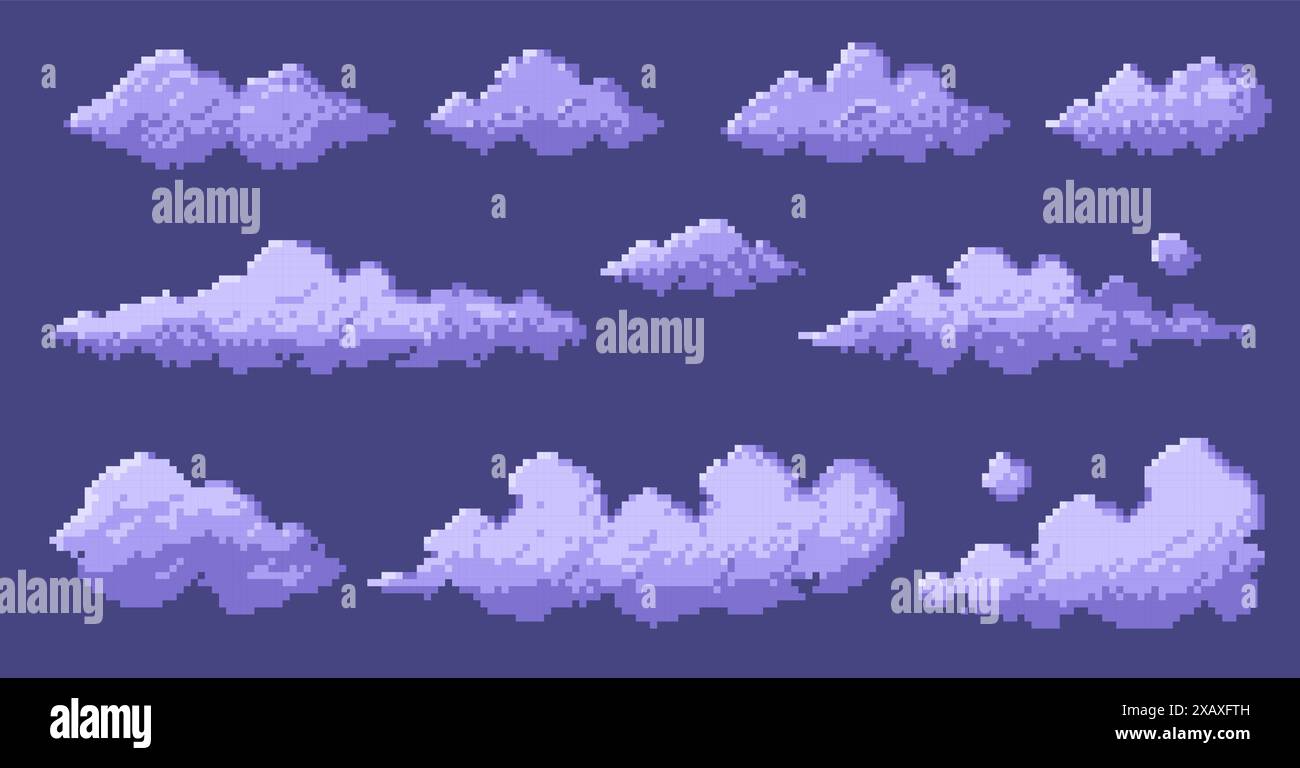 Pixelated 8 bit clouds. Retro video game sky background, digital 2D ...