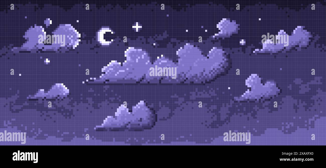 Pixel night sky. Retro low poly background with stars and clouds ...