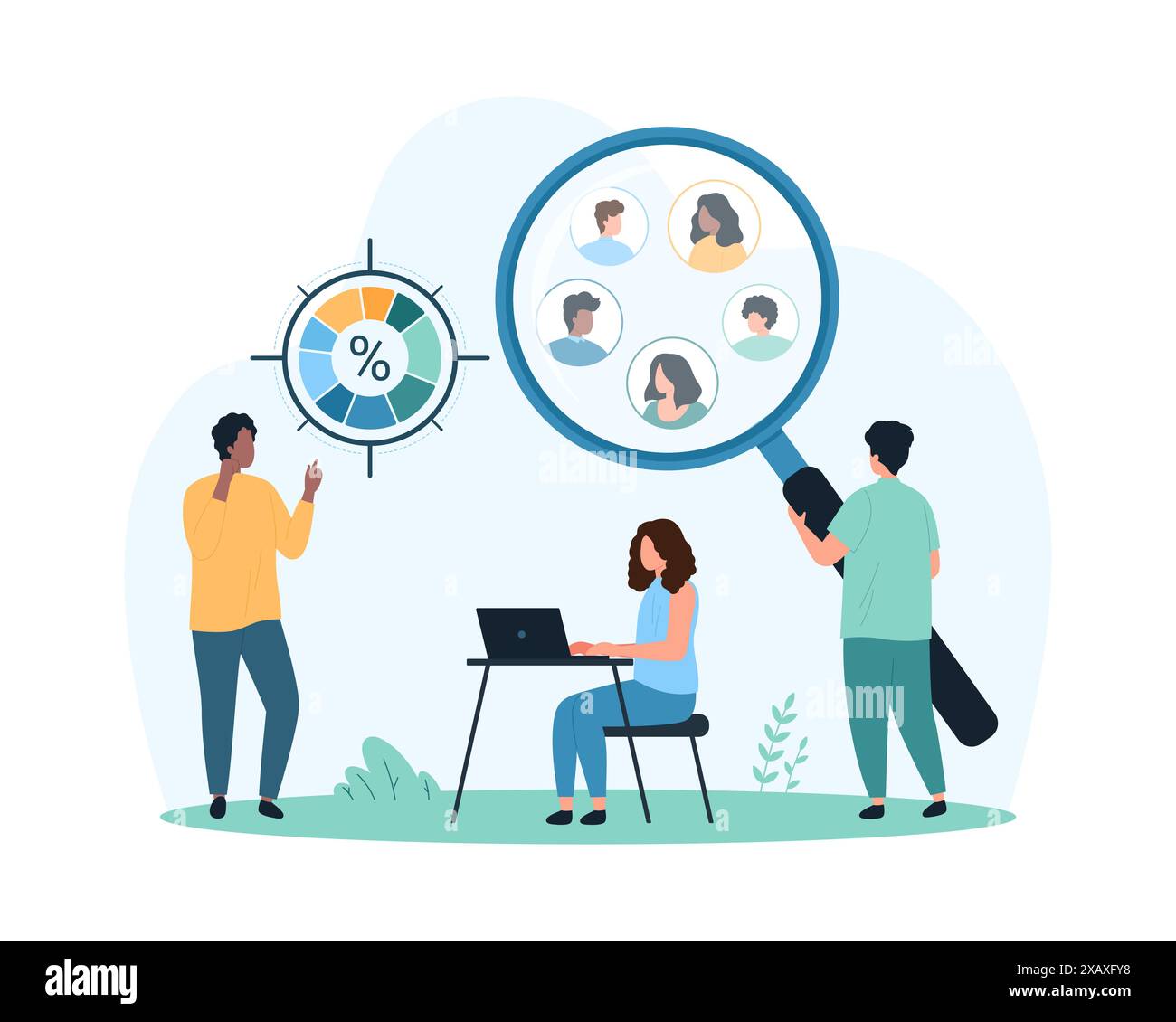 Target audience and focus group of customers research. Tiny people work ...