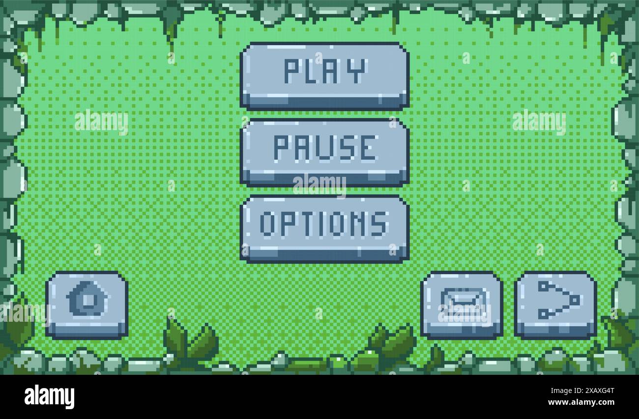 Pixel game menu. Retro video game buttons, 8 bit asset, UI interface elements for mobile. Vector ...