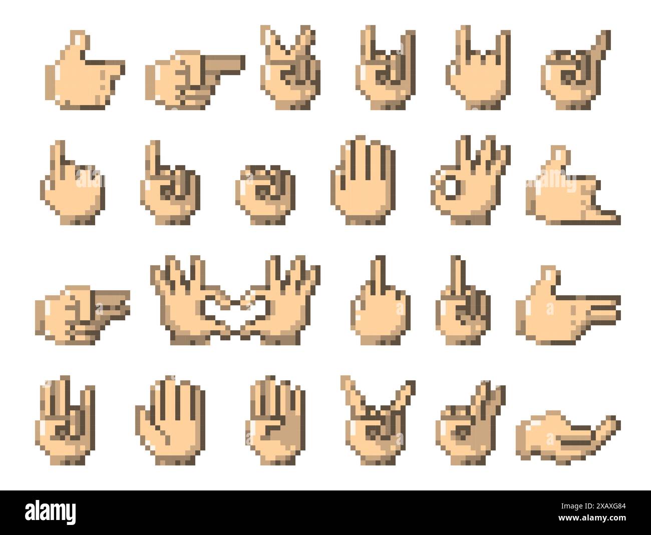 Pixel hands. Retro 8 bit game finger gestures, arcade computer web 90s ...