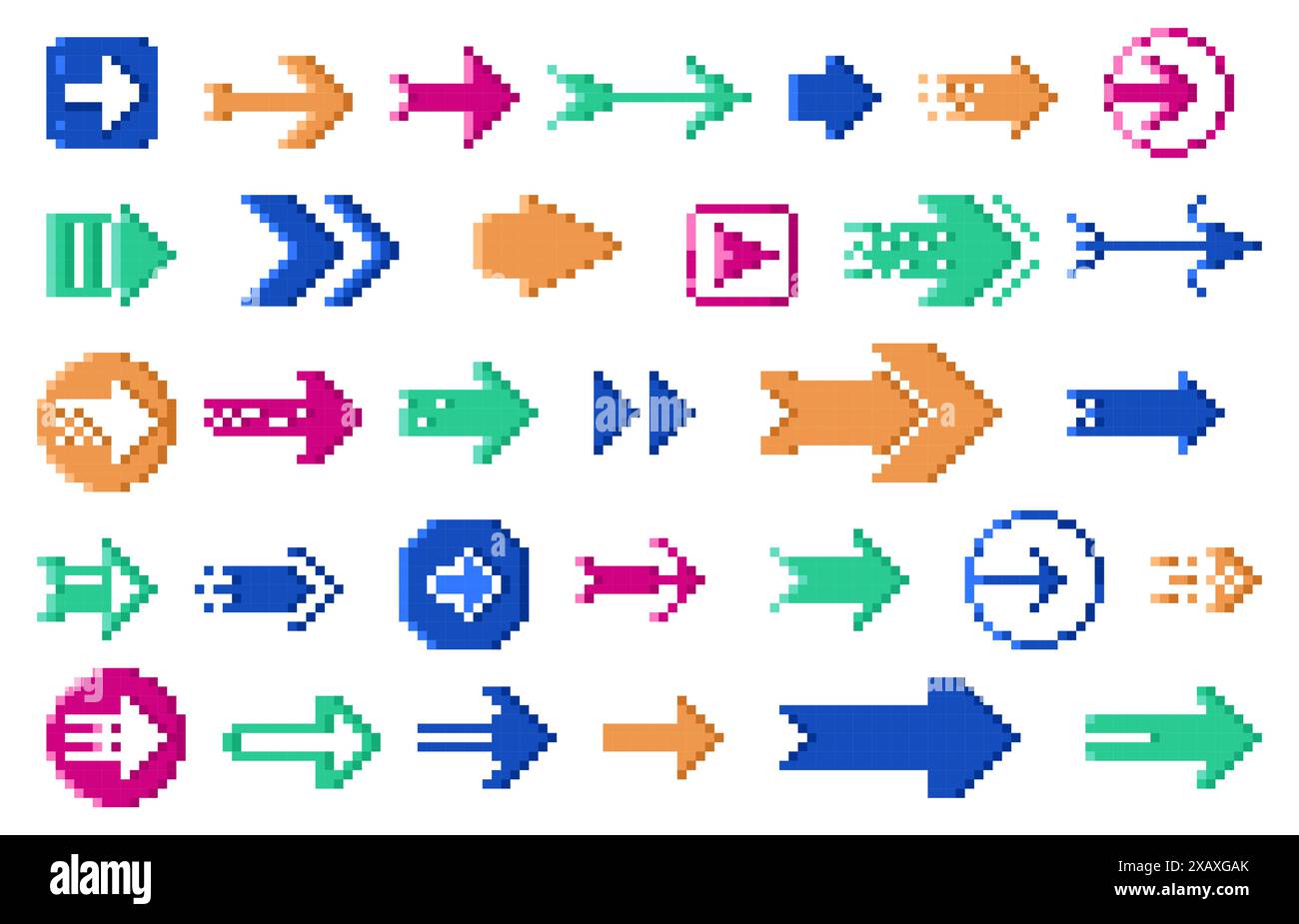 Pixel 8 bit arrows. Dotted retro navigation cursors, retro 8 bit ...