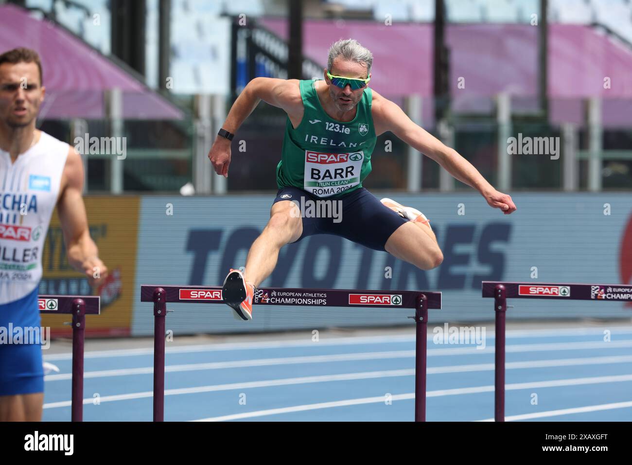 Thomas Barr of Ireland jumping a hurdle in the heats of the 400m Hurdles at the European ...
