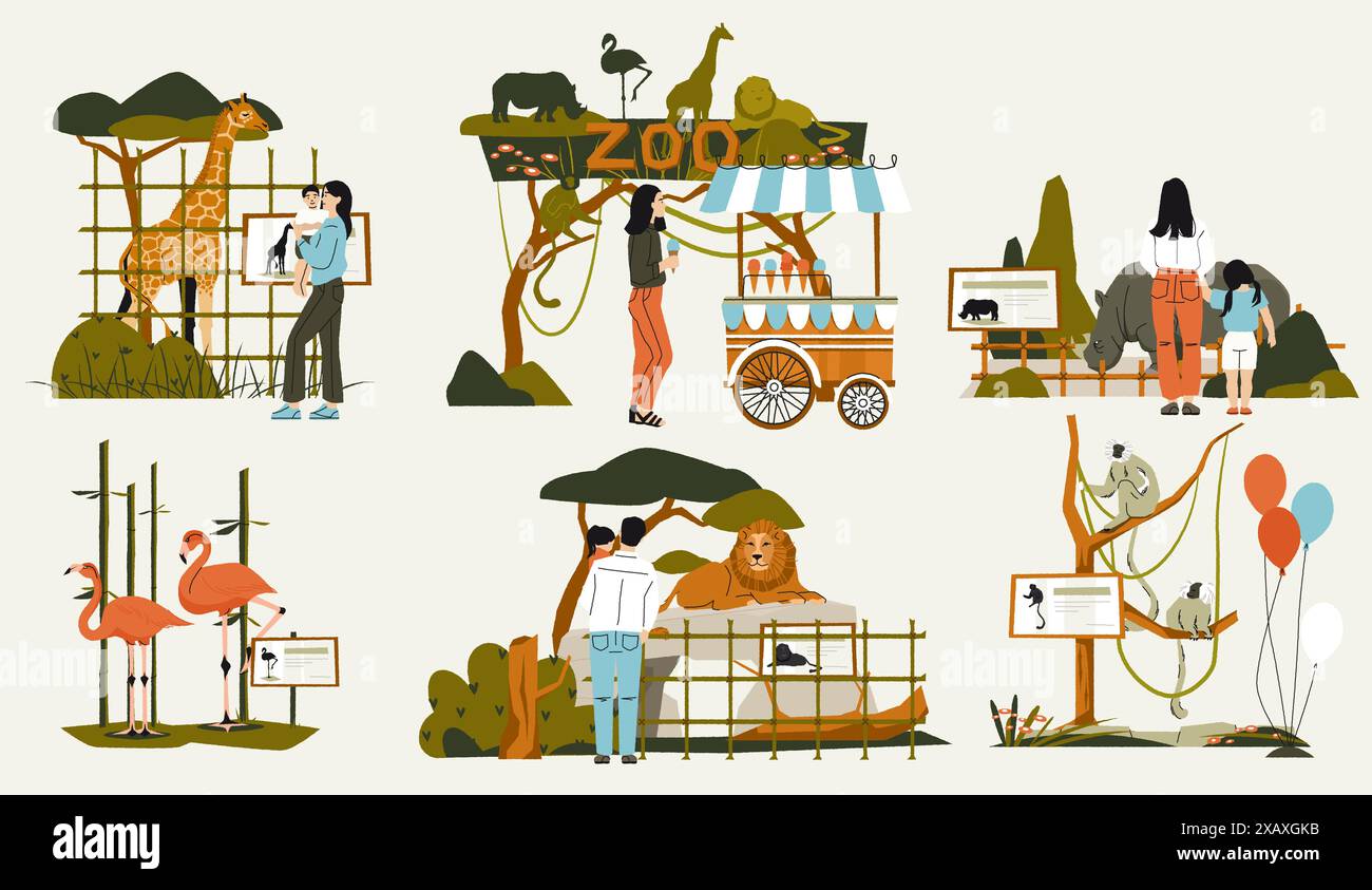 People in zoo. Cartoon zoo characters, visitors looking at animals in ...