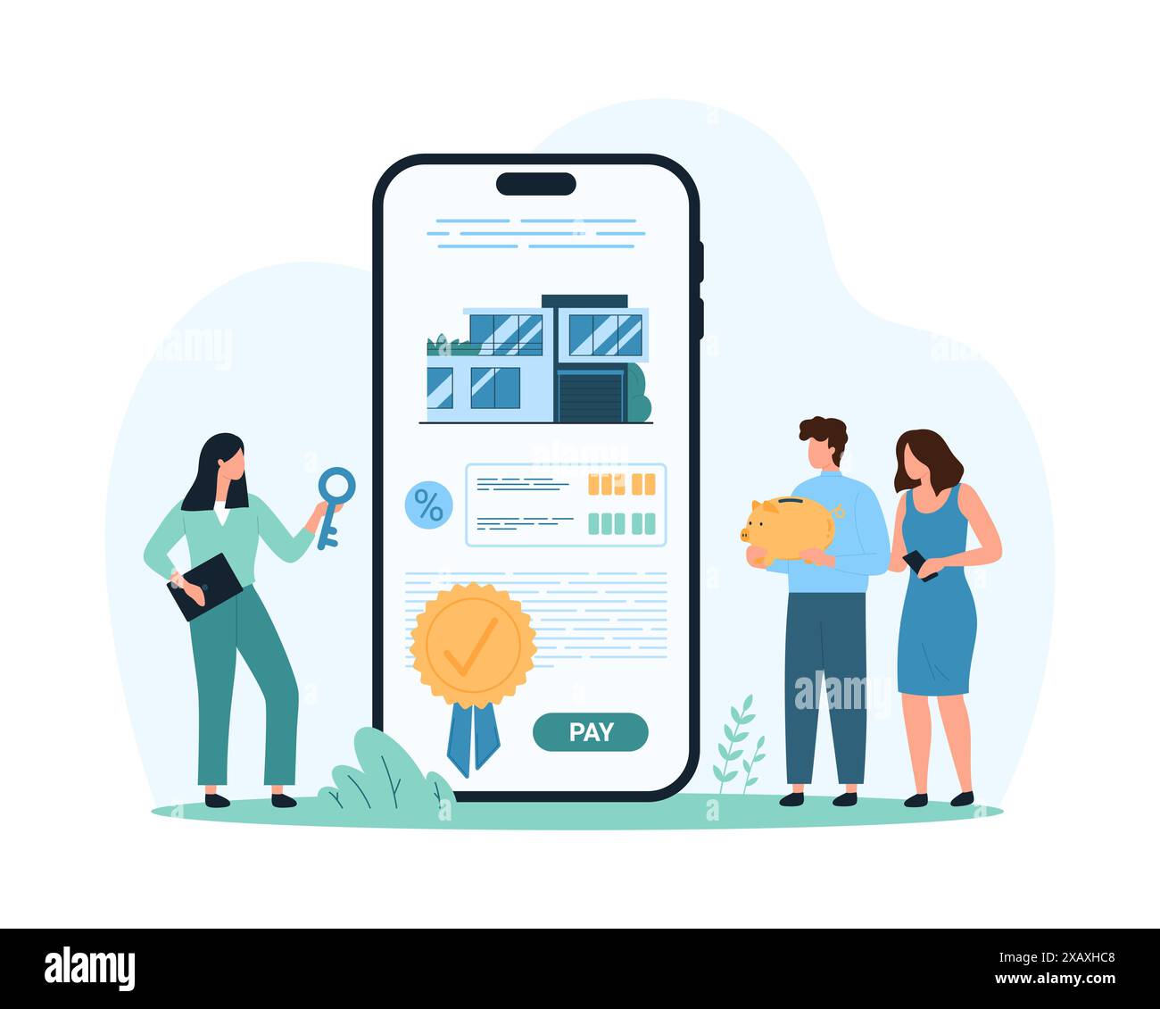 Real estate buy or rent in mobile app, property inspection. Tiny man ...