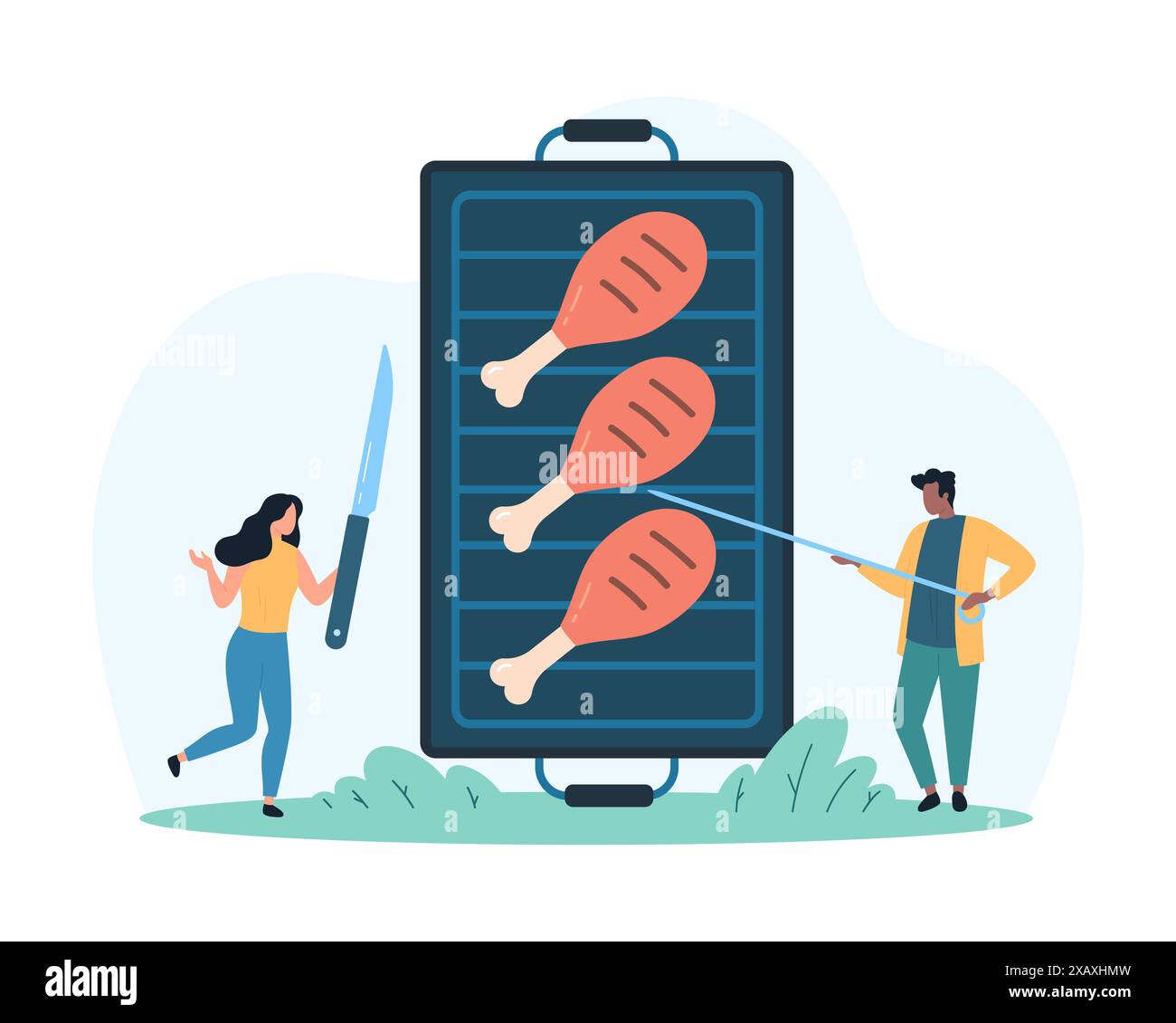 BBQ food cooking, hot chicken or turkey drumstick grilling. Tiny people ...