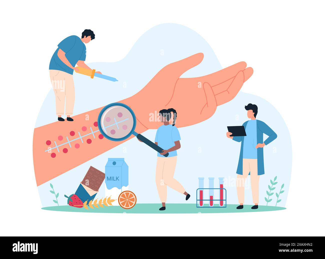 Diagnostic test for food allergy. Tiny people with magnifying glass ...