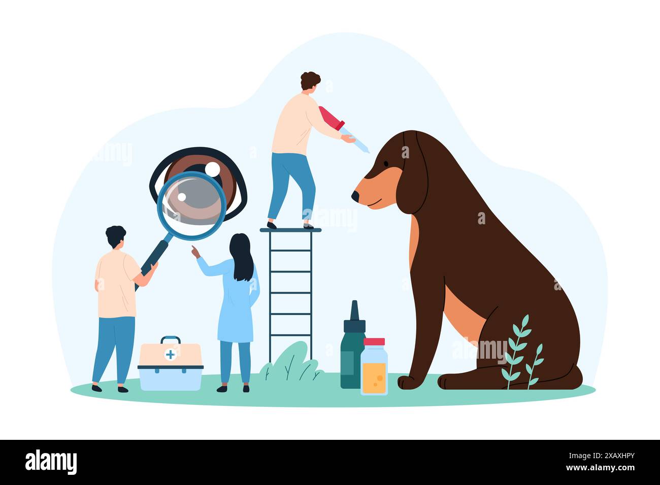 Medical examination of pet in vet hospital. Tiny people with magnifying ...