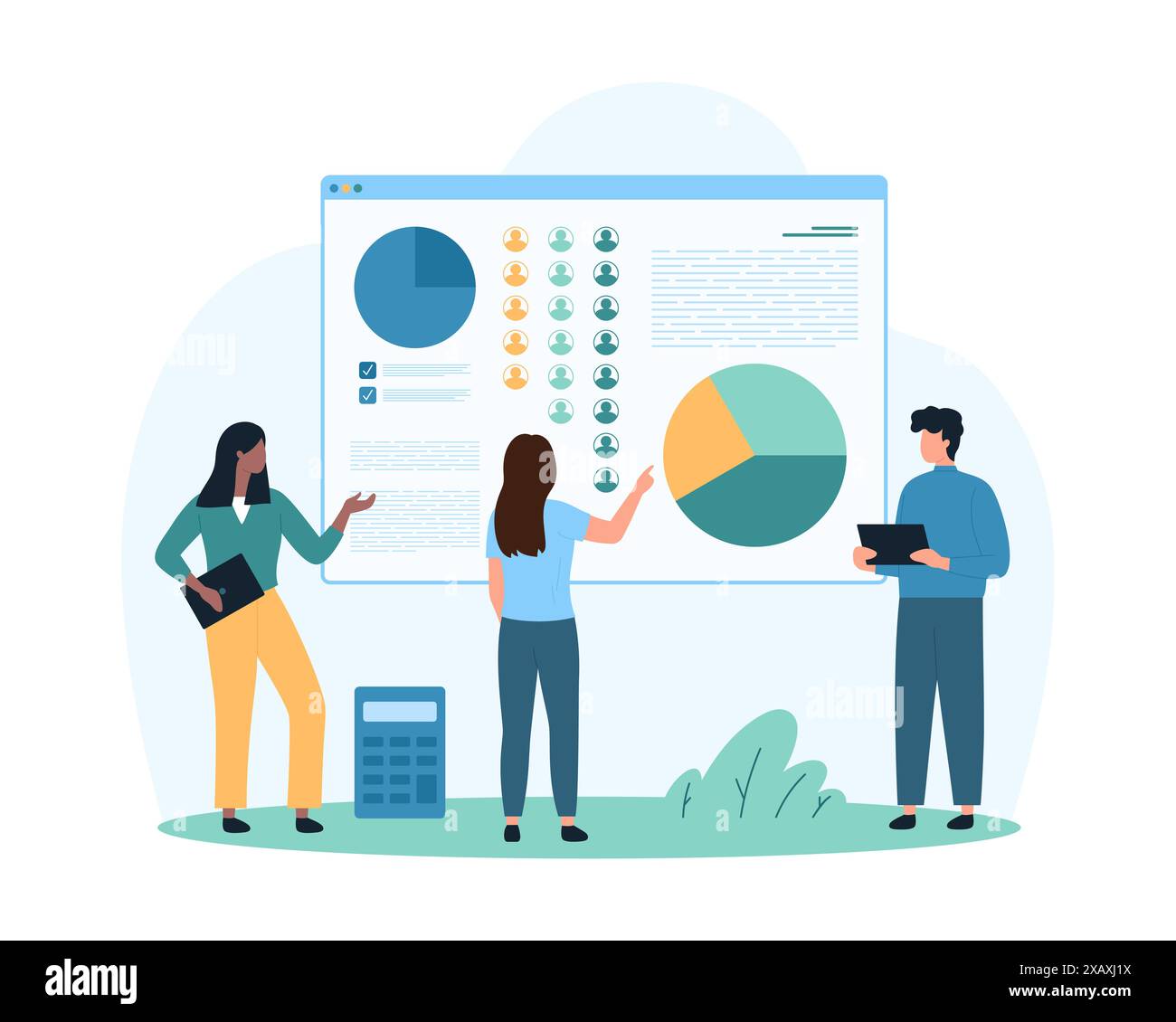 Sociology research, demography, global data analysis by sociologists. Tiny people study ...