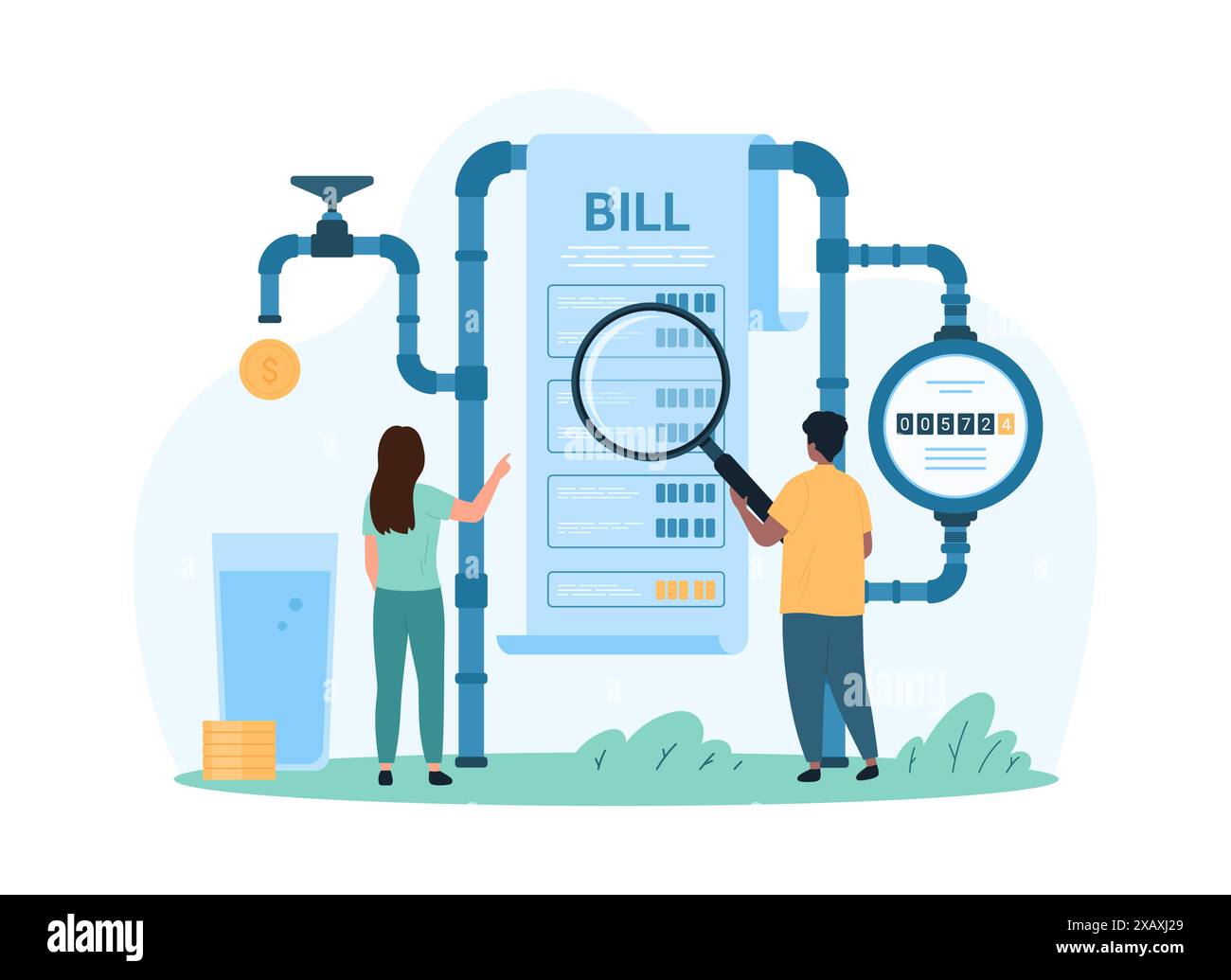 Payment of utility bill, economy. Tiny people monitor water consumption and check readings on ...