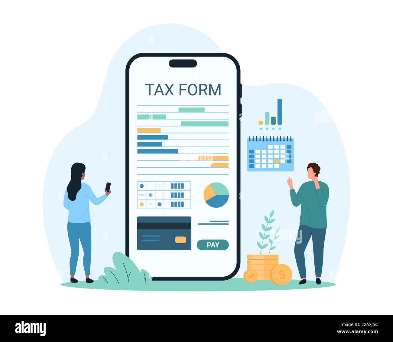 Tax payment service in mobile app. Tiny people calculate and pay money ...