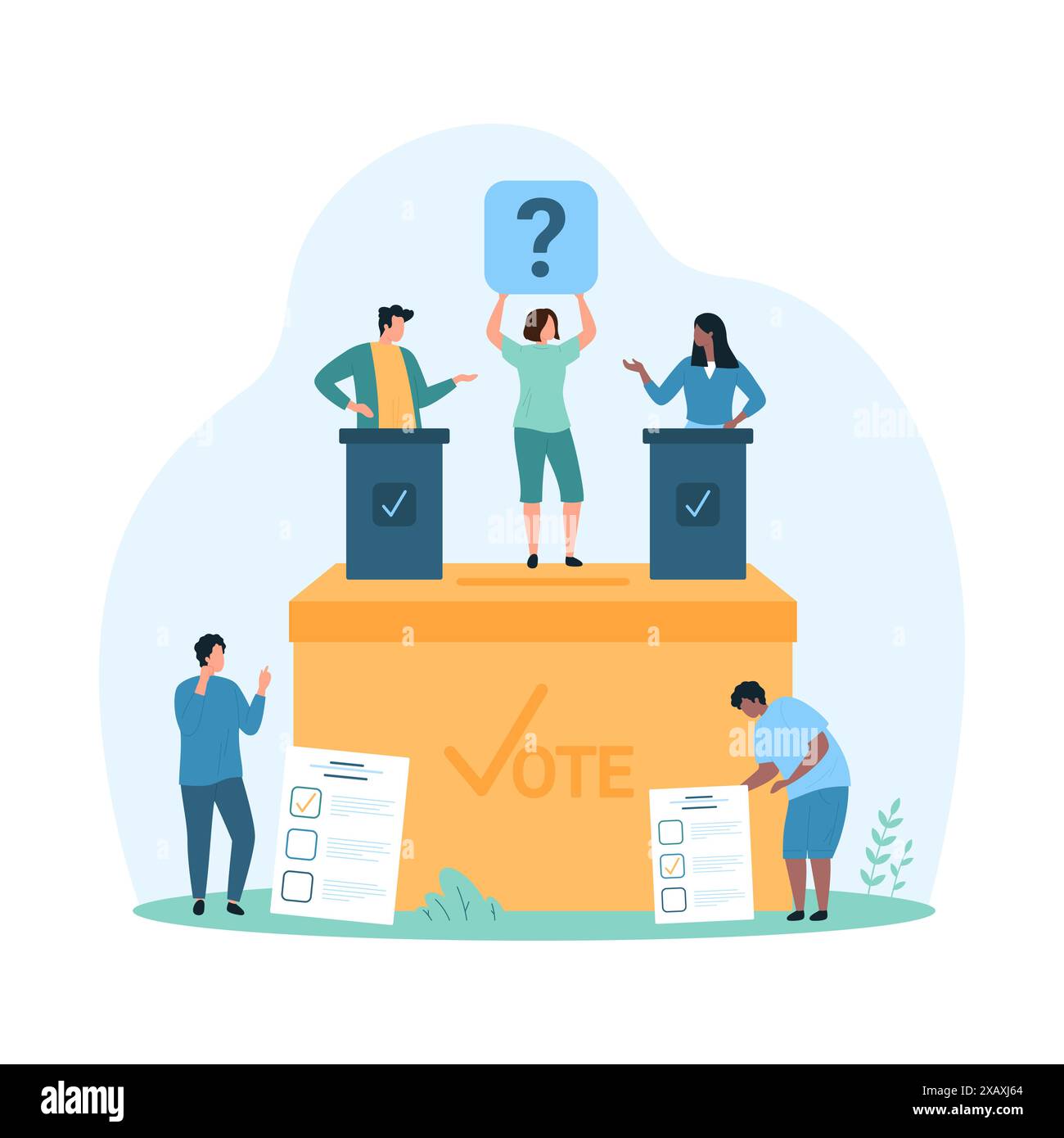Election campaign and vote box, democracy. Tiny people choose between ...