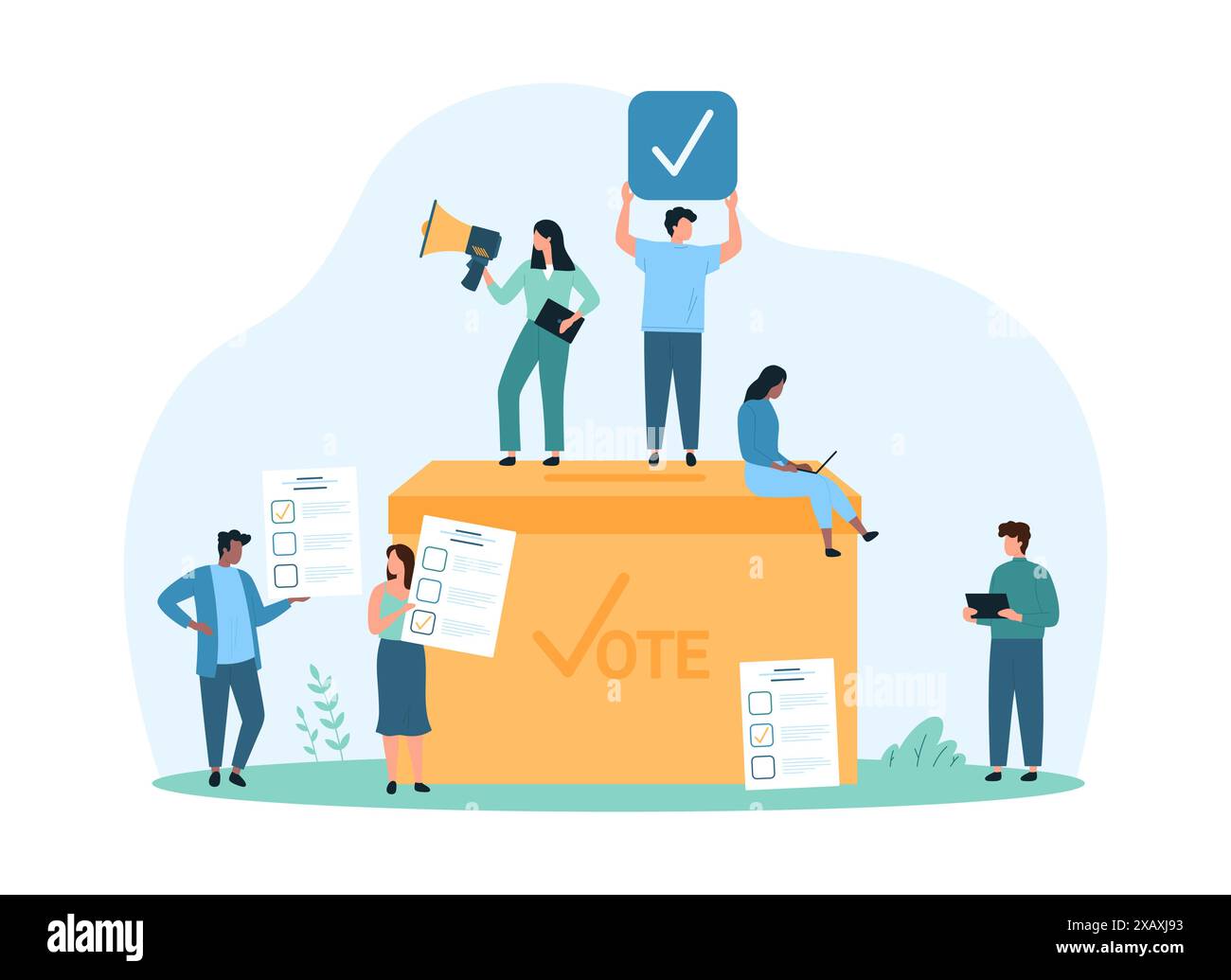 Election campaign, politics and democracy. Tiny people with megaphone ...