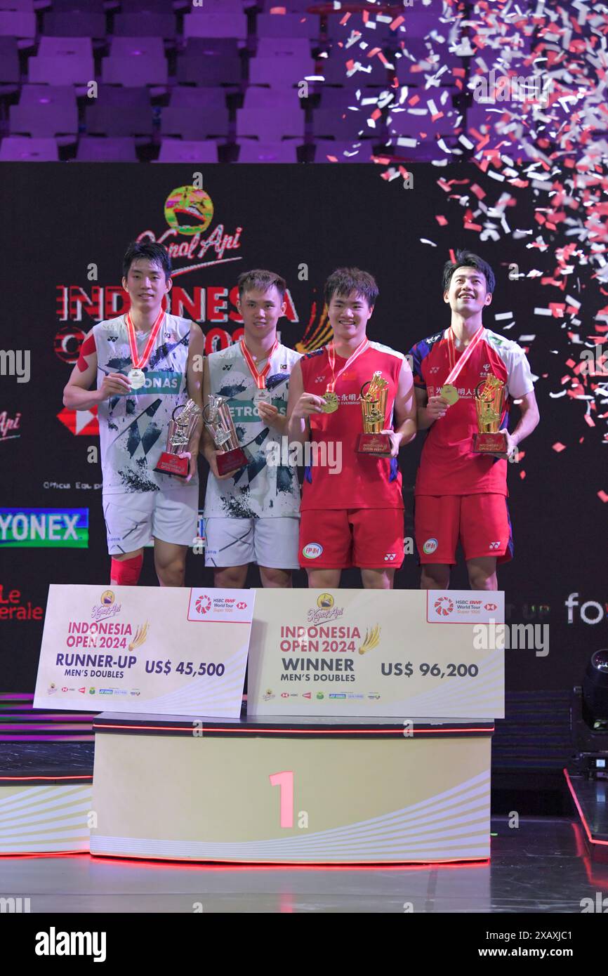 Jakarta, Indonesia. 9th June, 2024. Liang Weikeng (2nd R)/Wang Chang (1st R) and Man Wei Chong ...