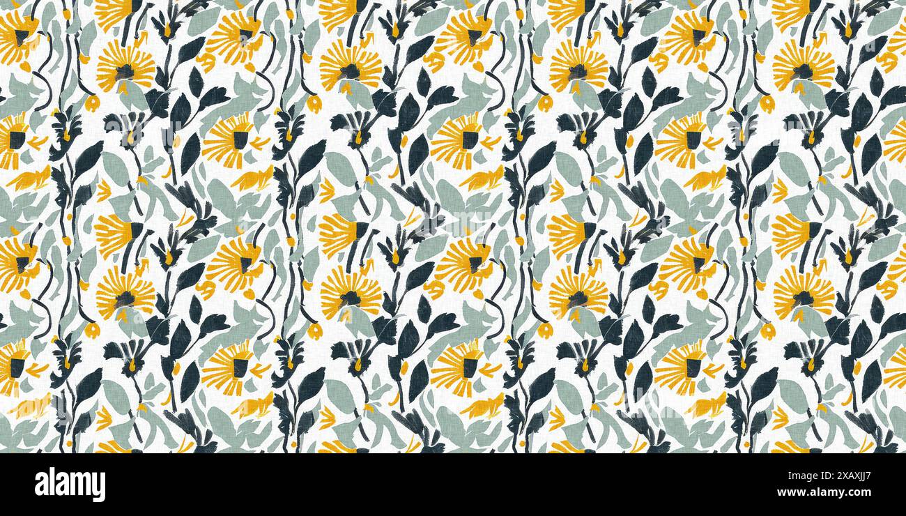 Modern printed fabric flower block print pattern with linen texture ...