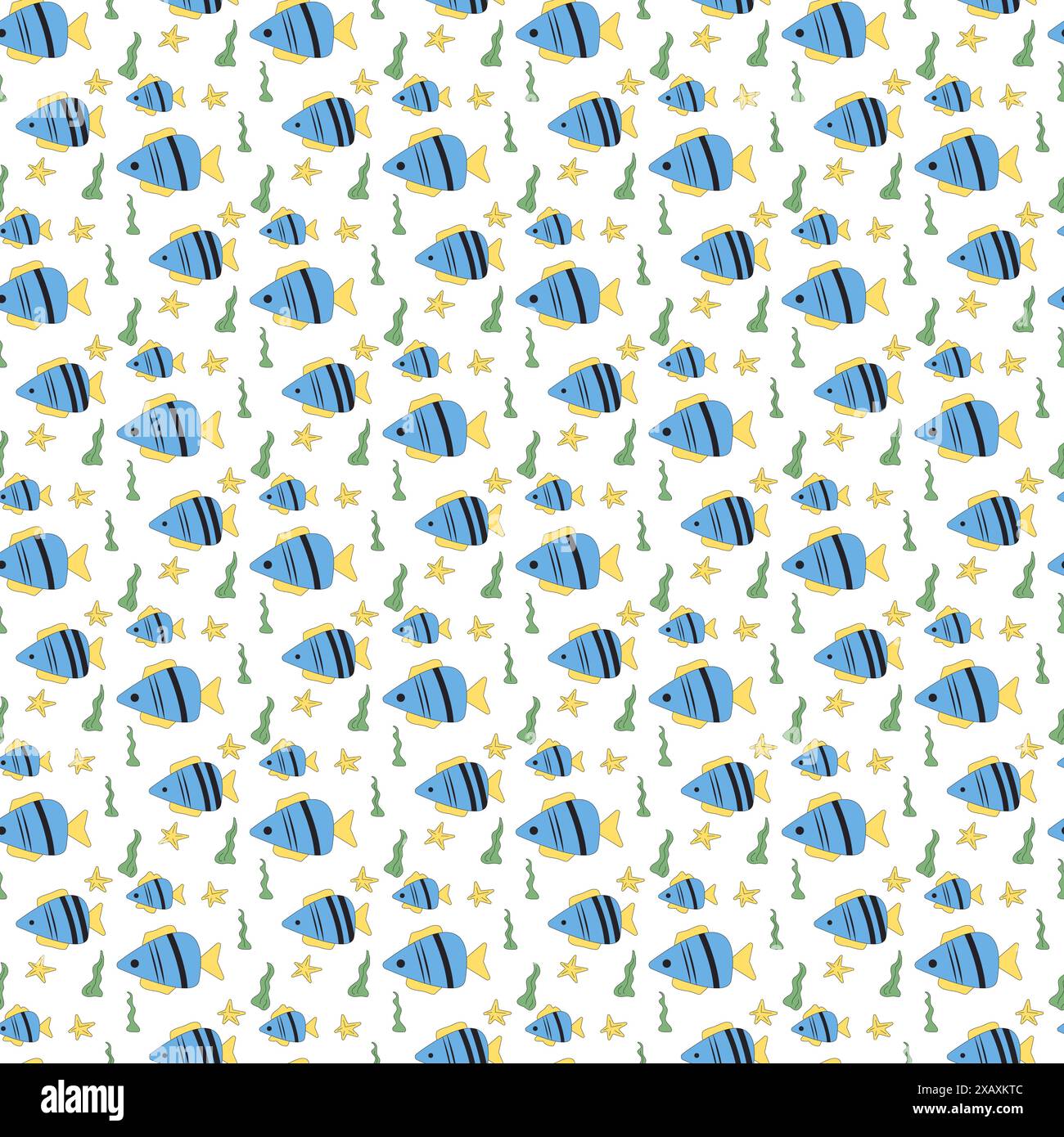 Seamless pattern of stylized blue and yellow fish, starfish, and ...