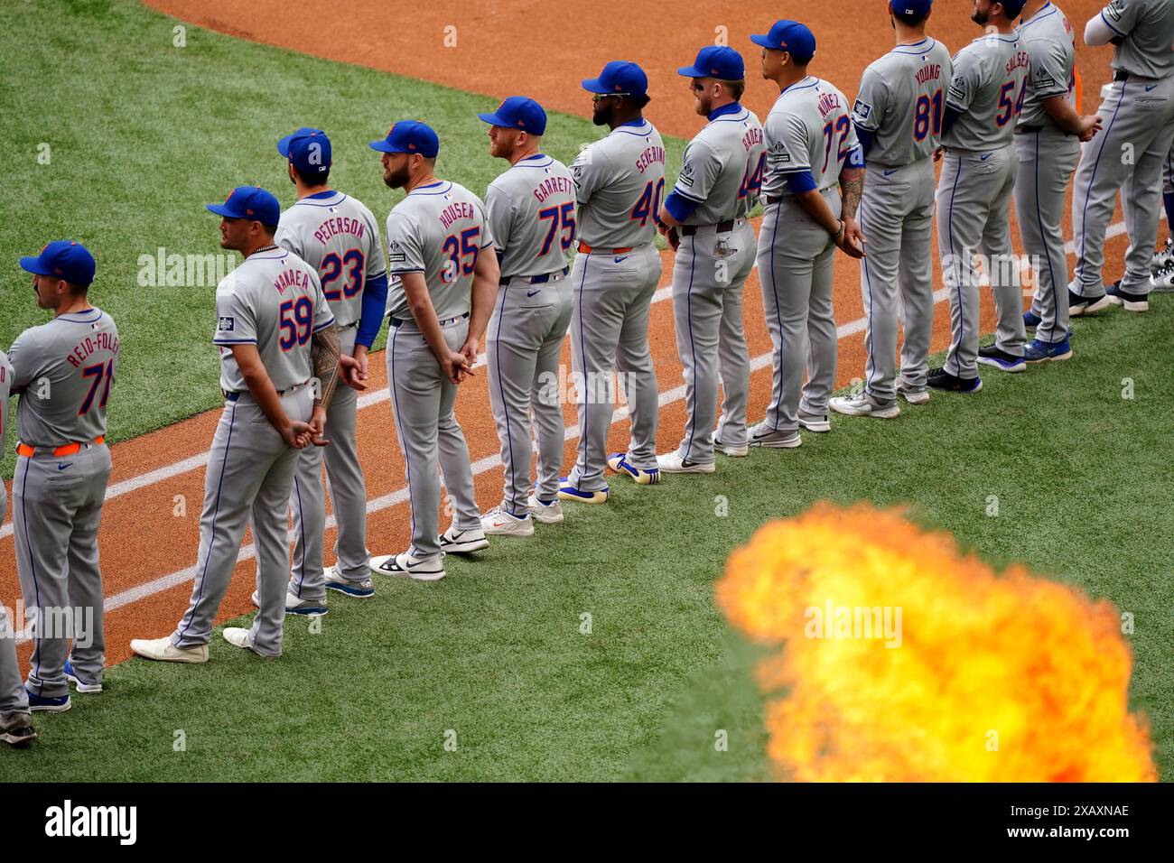 The New York Mets' players line up before game two of the MLB London Series at the London ...