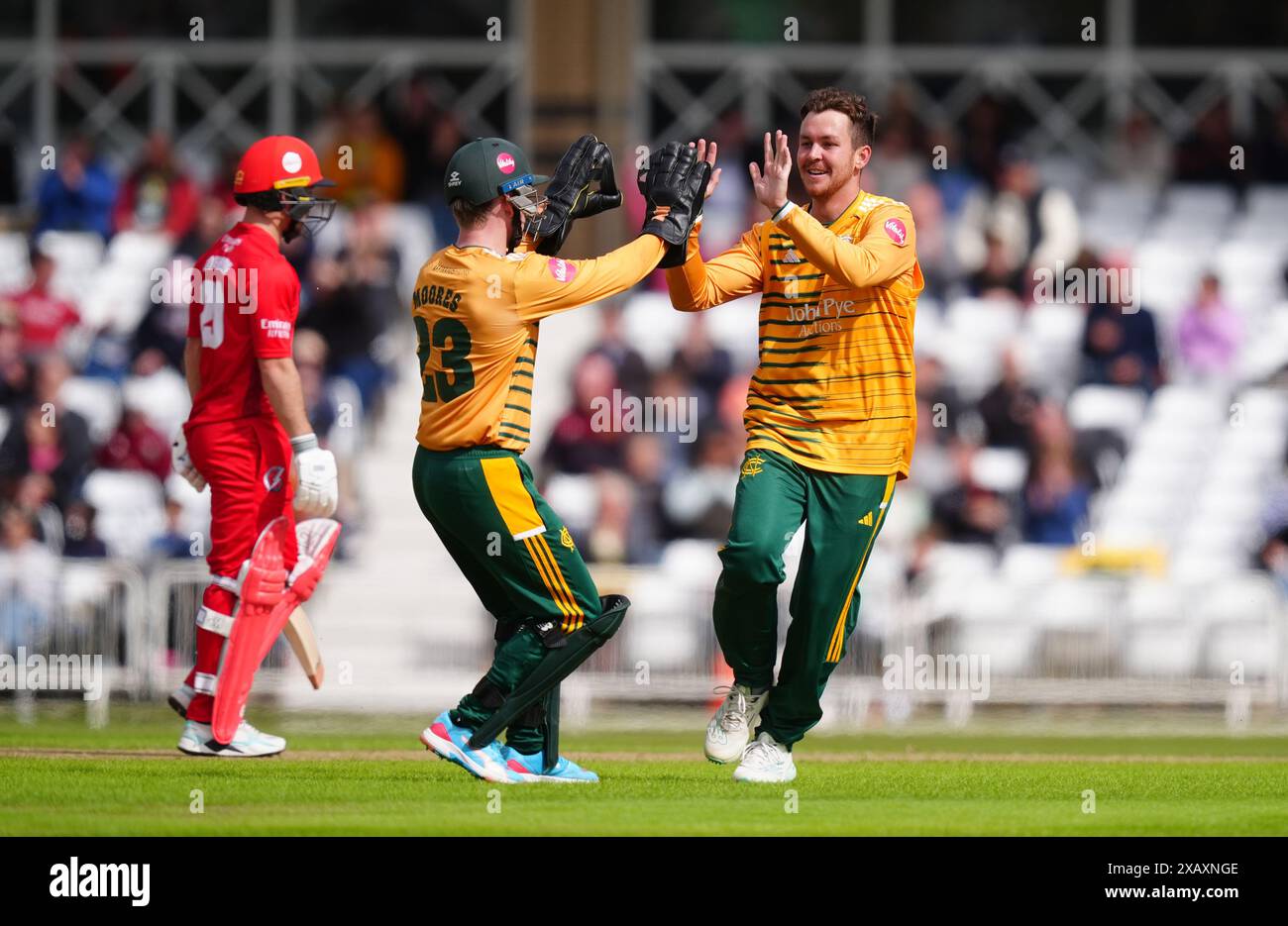 Nottinghamshire's Matthew Montgomery celebrates taking the wicket of ...