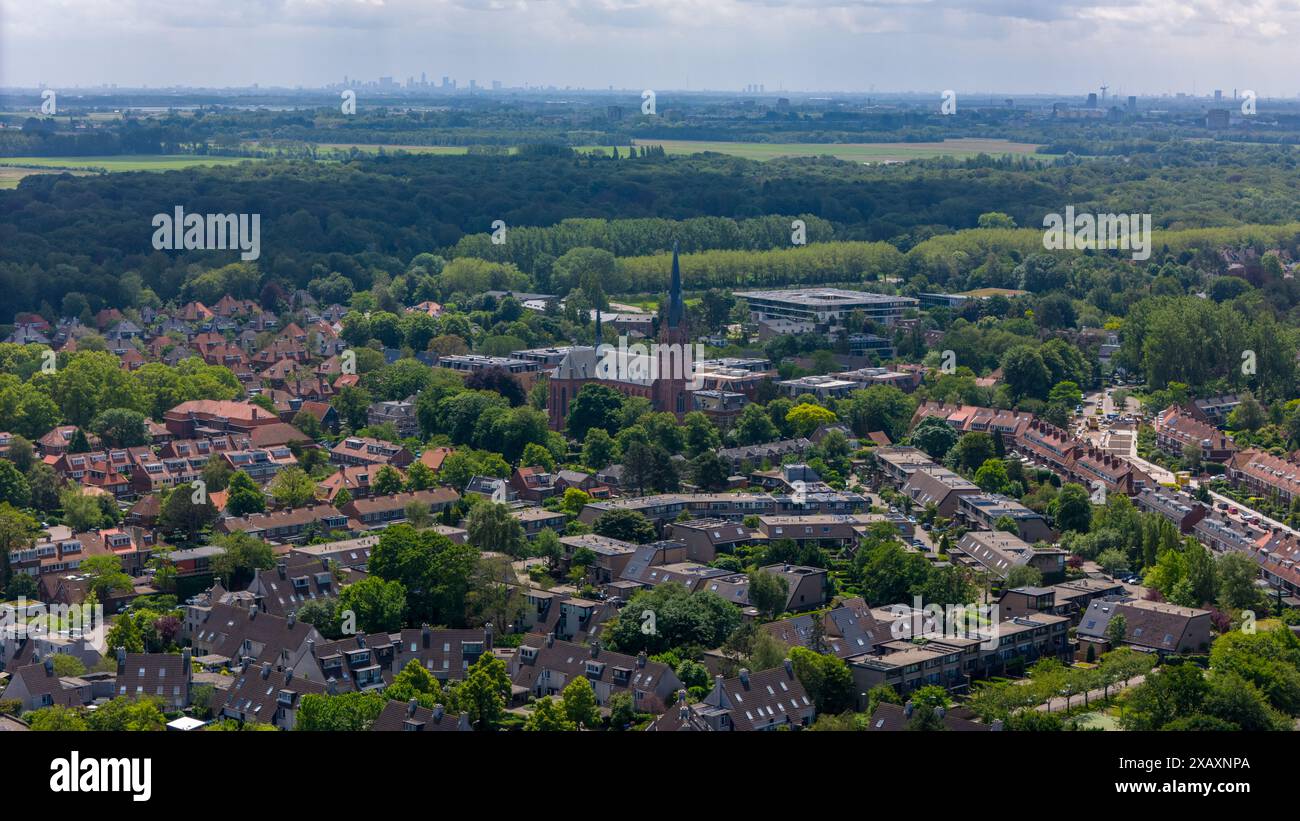 Aerial drone photo of the town center and church in Wassenaar, the ...