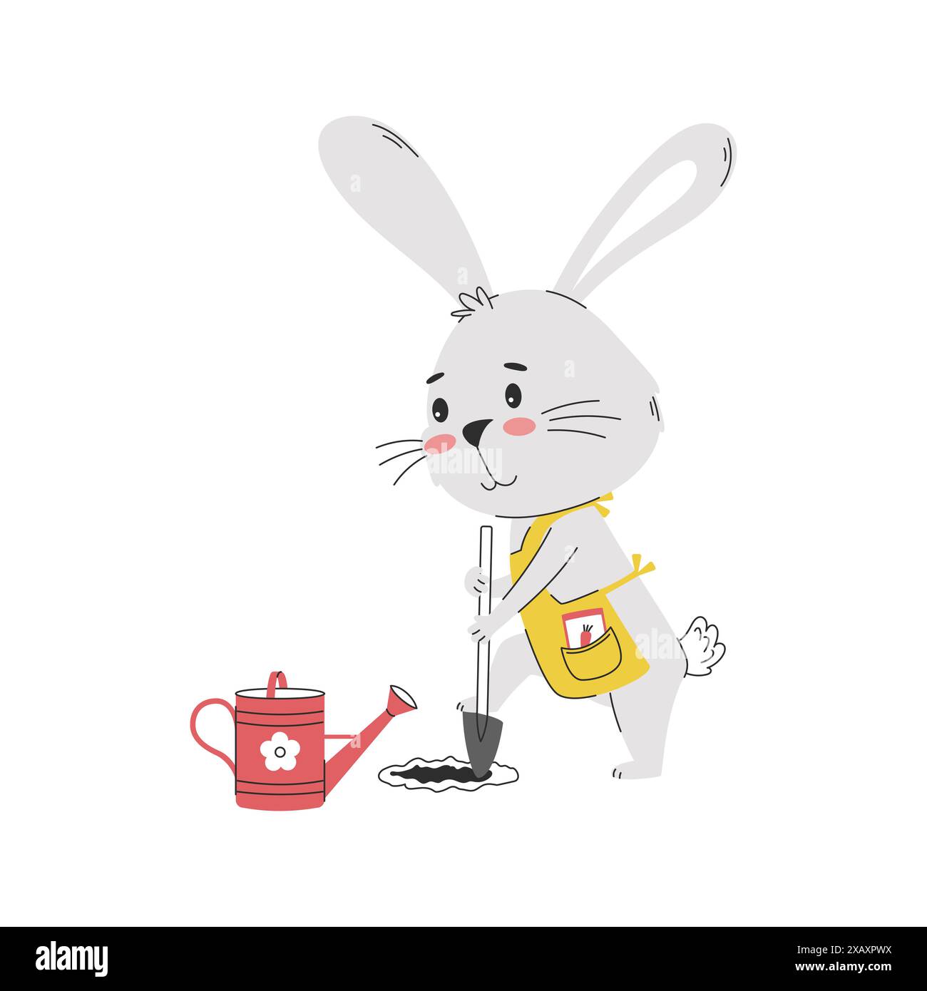 A cute rabbit in a apron digging with a shovel, planting a carrot ...