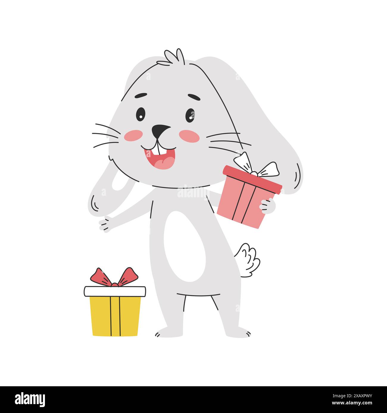 A cartoon smiling happy rabbit holding gift boxes with bows. Cute bunny ...