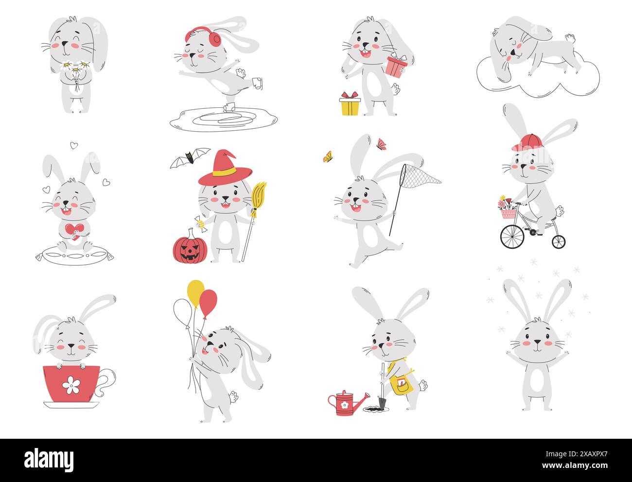 Set of a cute cartoon rabbits involved in various activities. Adorable ...