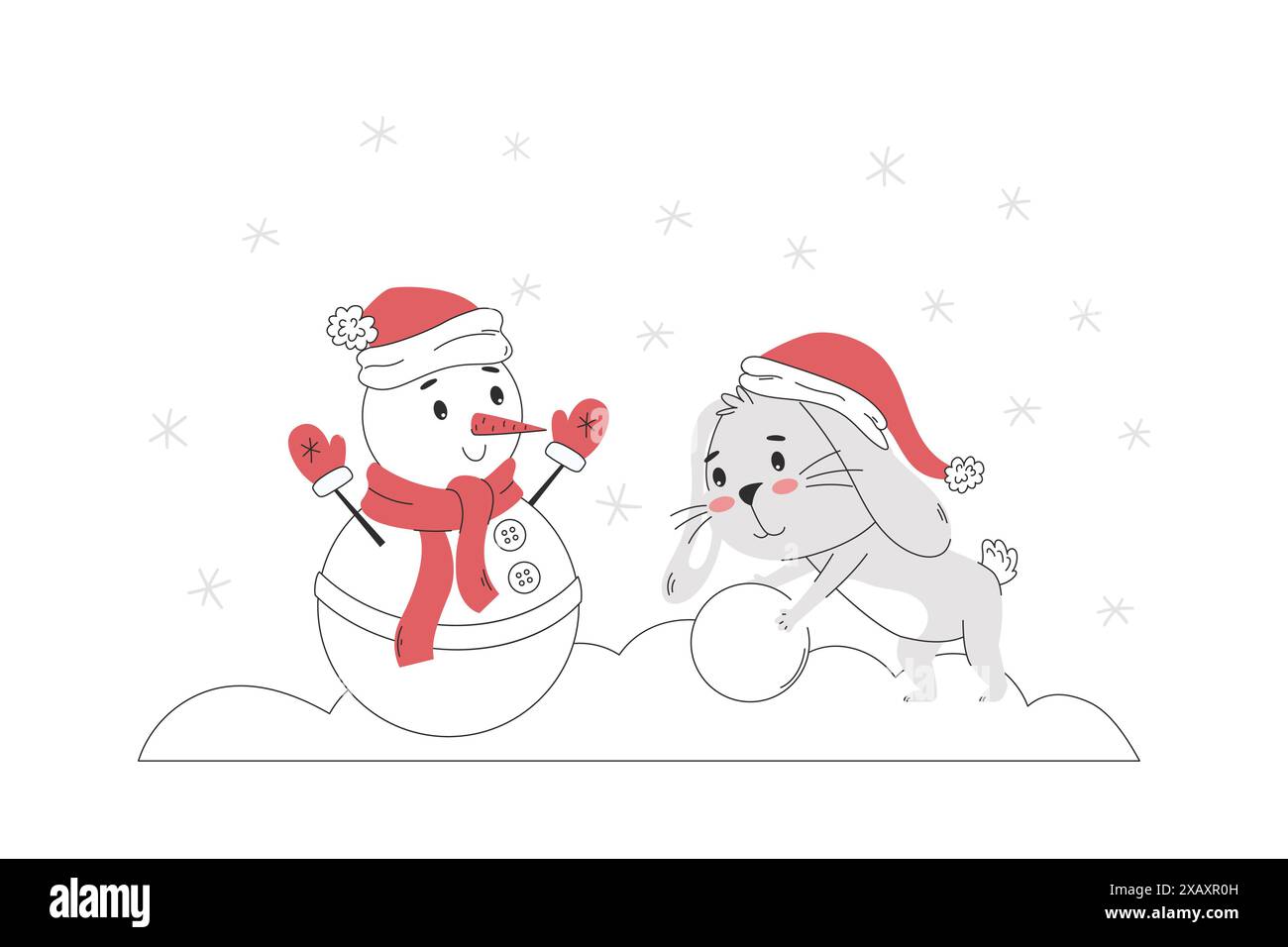 A cartoon rabbit rolling a snowball, makes a snowman. Winter fun ...