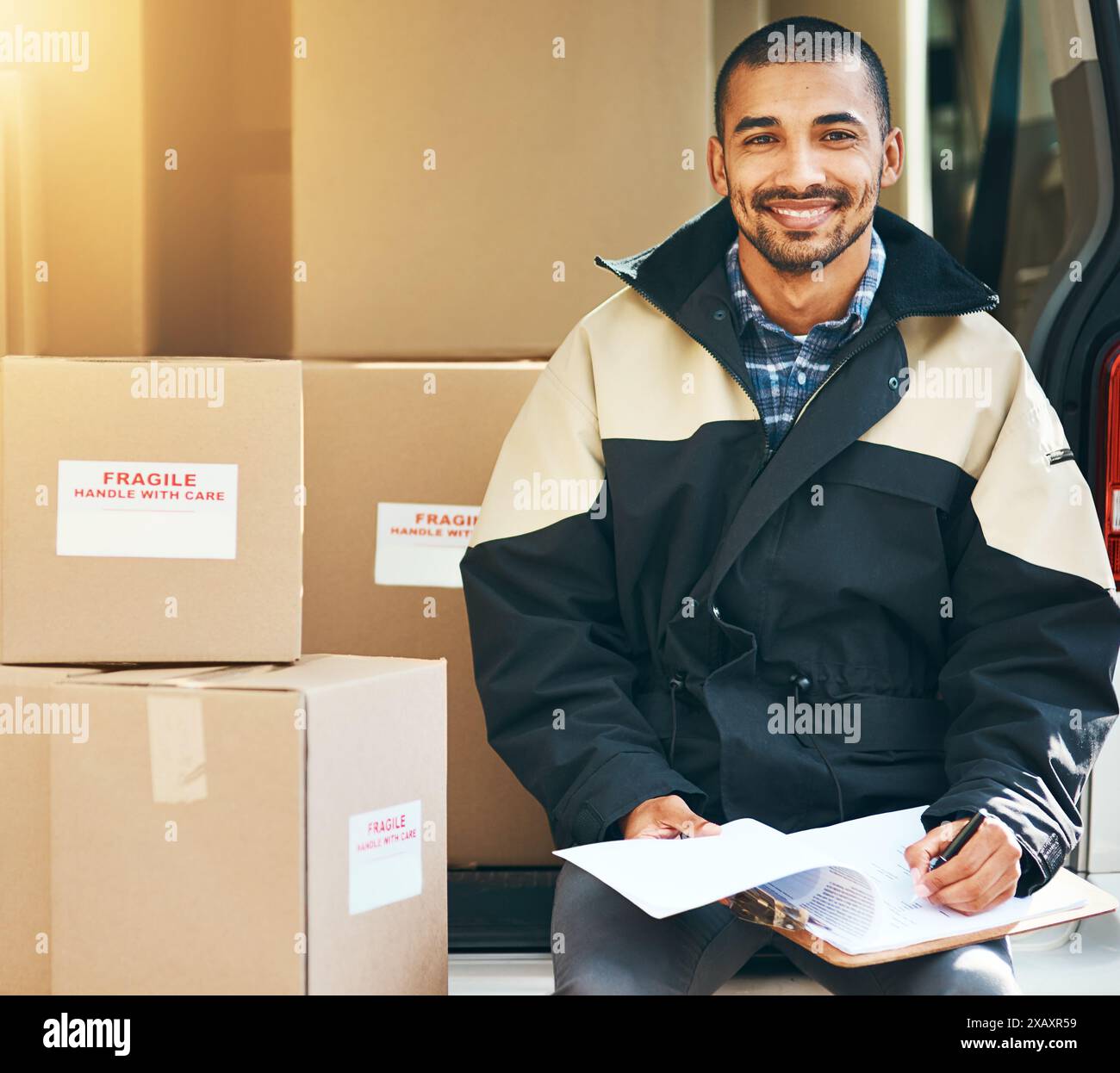 Smile, delivery man and clipboard in portrait with cardboard boxes for ...
