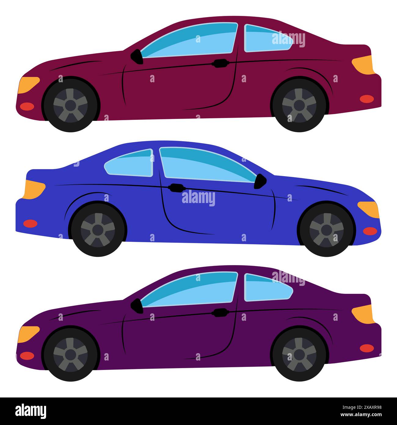 A set of three cars painted in different colors. Vector illustration ...