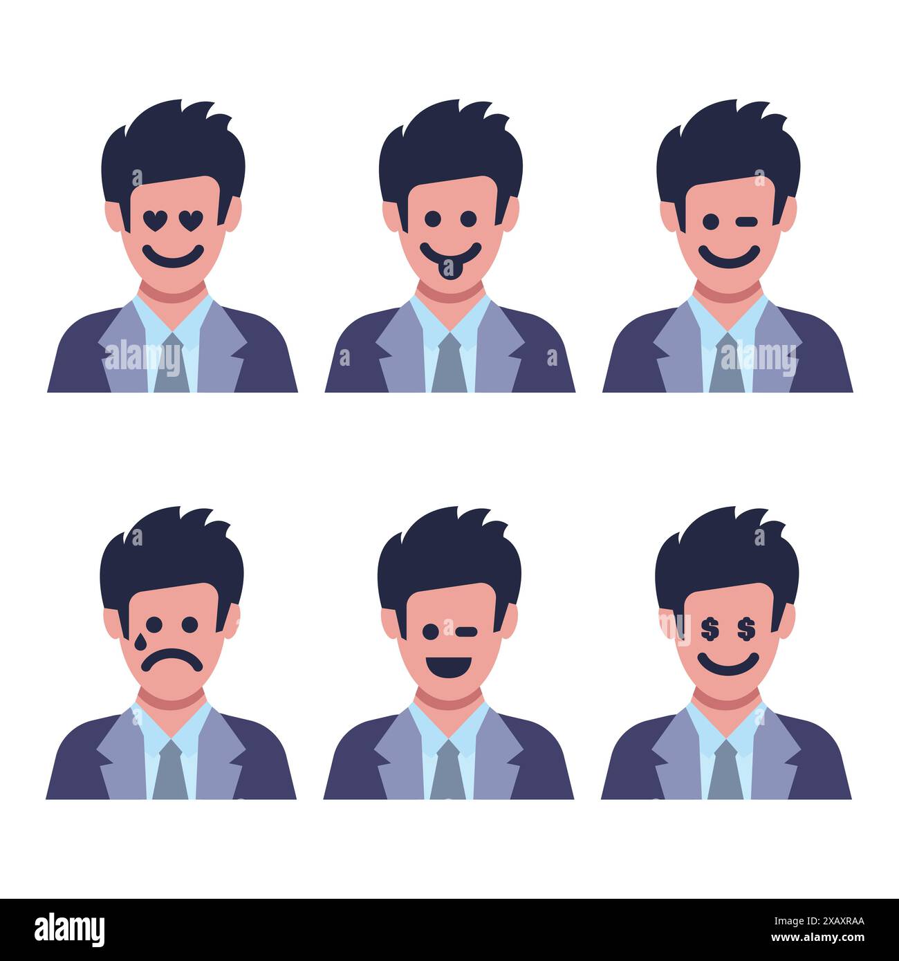 Set of six men with different facial emotions. Human face with emoji ...
