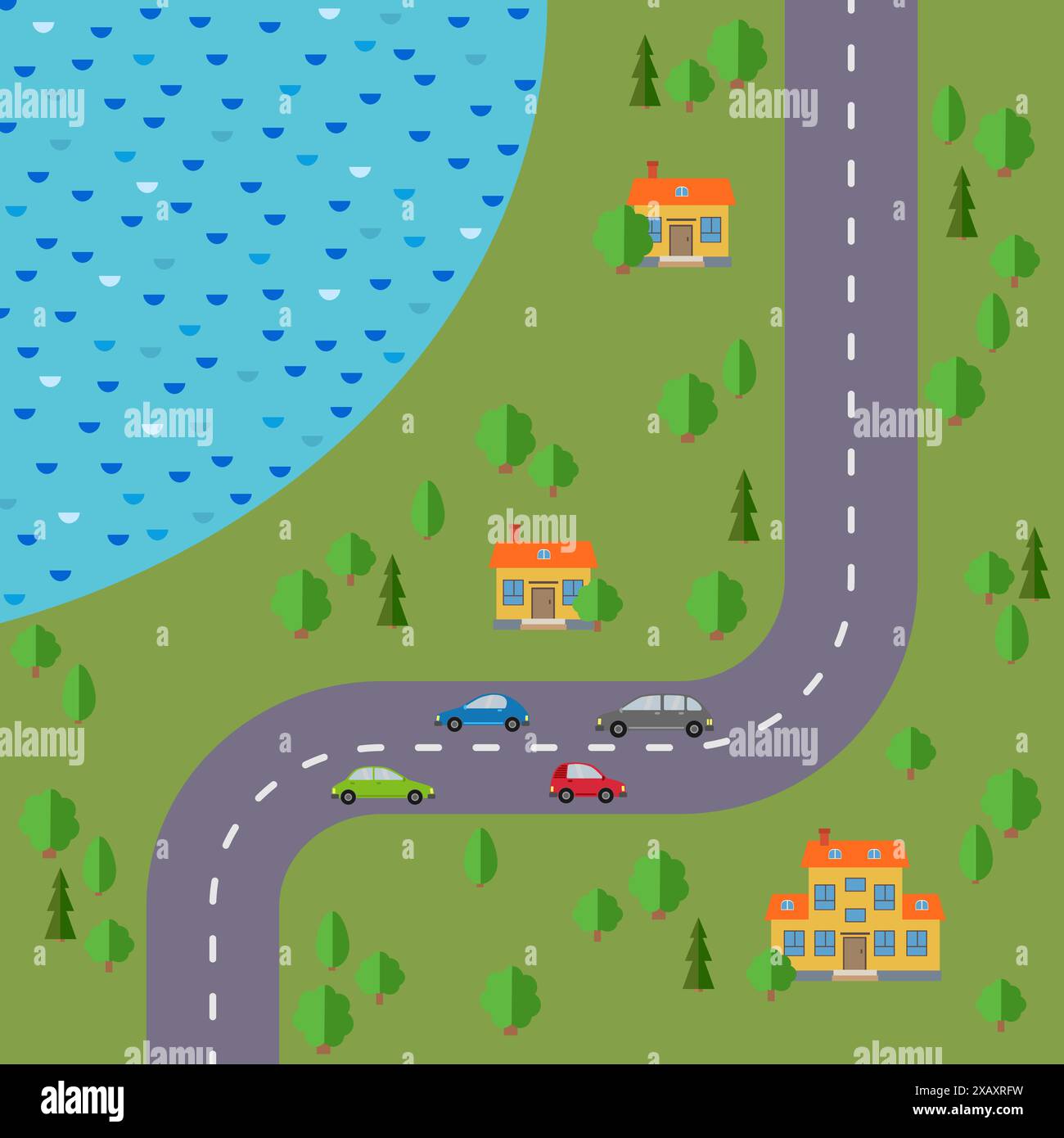 Plan of village. Landscape with the road, forest, lake, cars and three ...