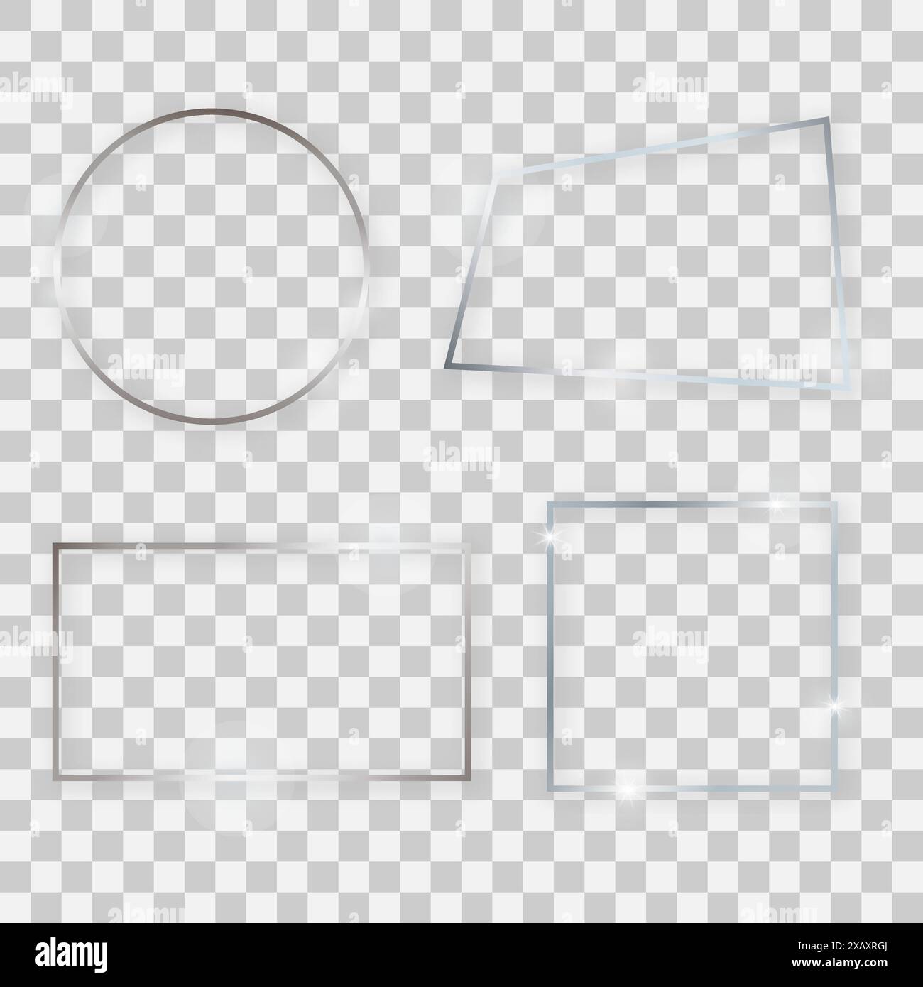 Silver shiny frames with glowing effects. Set of four silver rectangular, round, square and ...