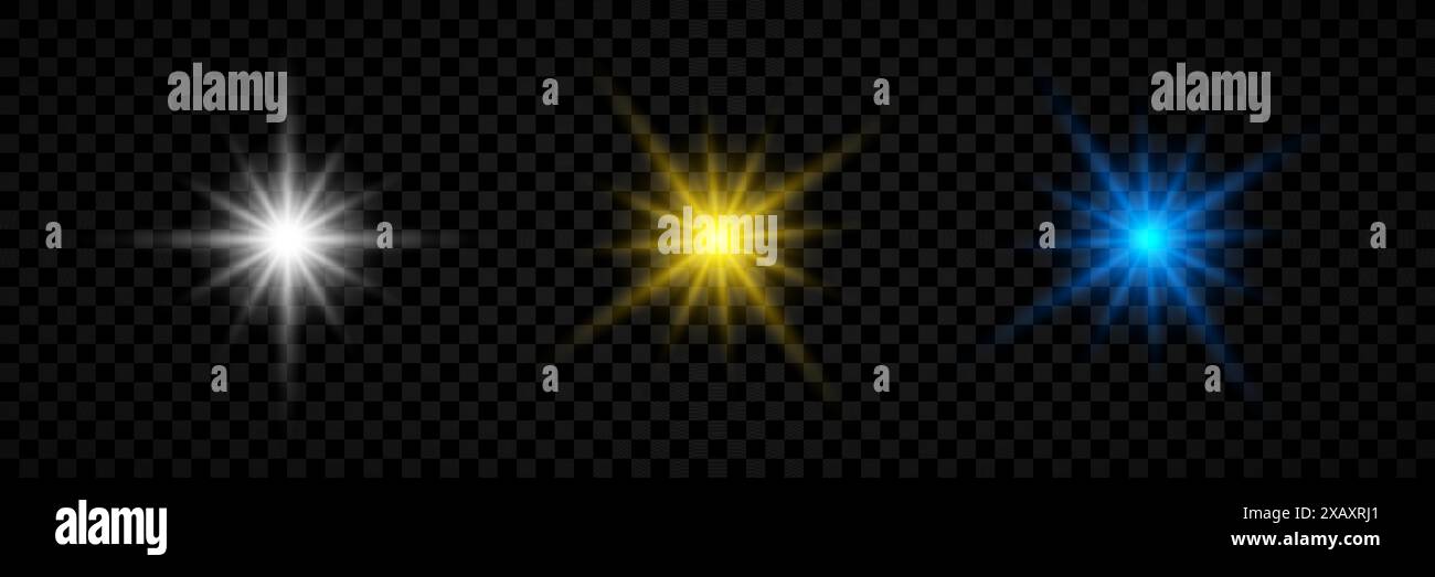 Light effect of lens flares. Set of three white, yellow and blue ...