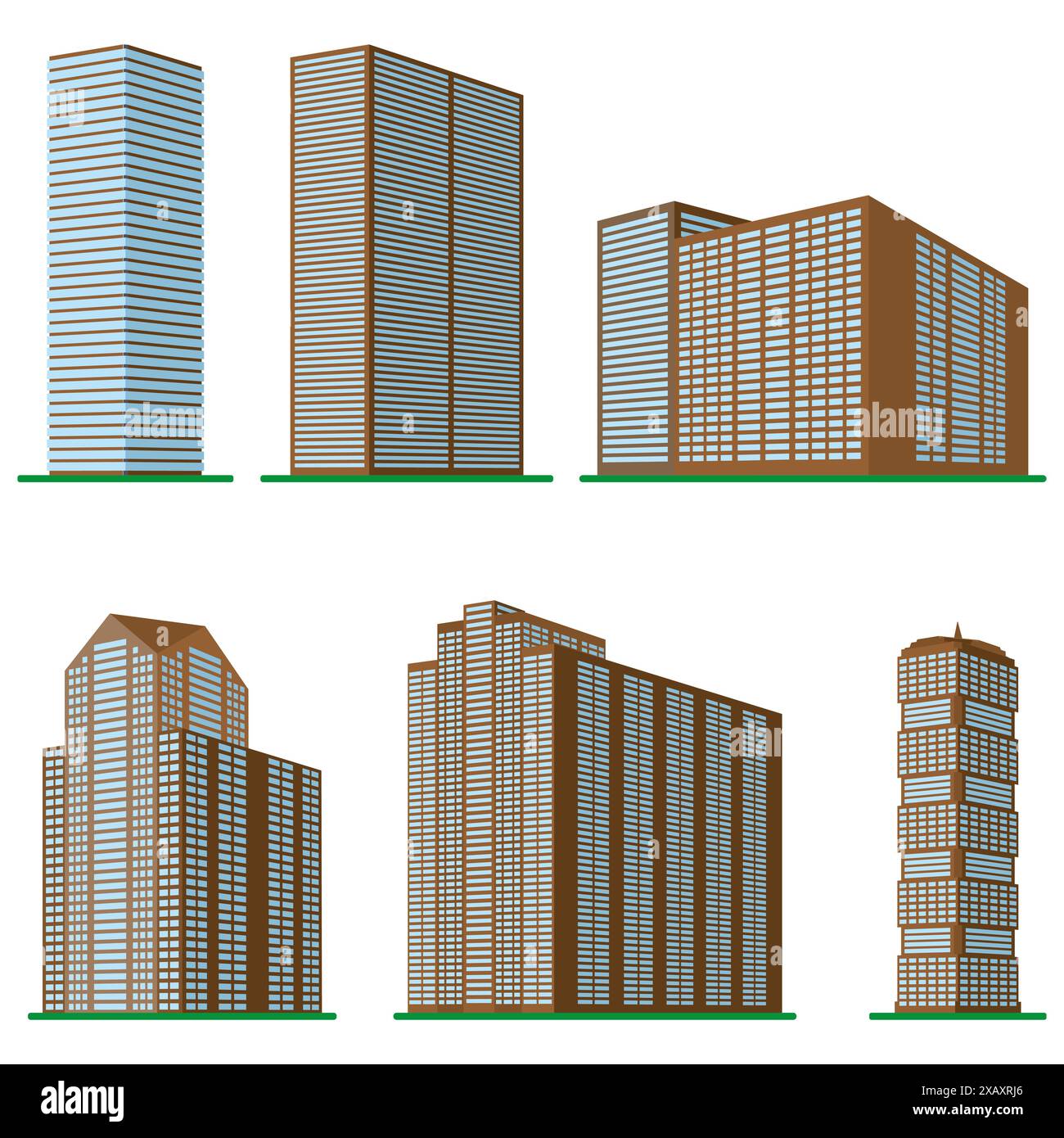 Set of six modern high-rise building on a white background. View of the ...