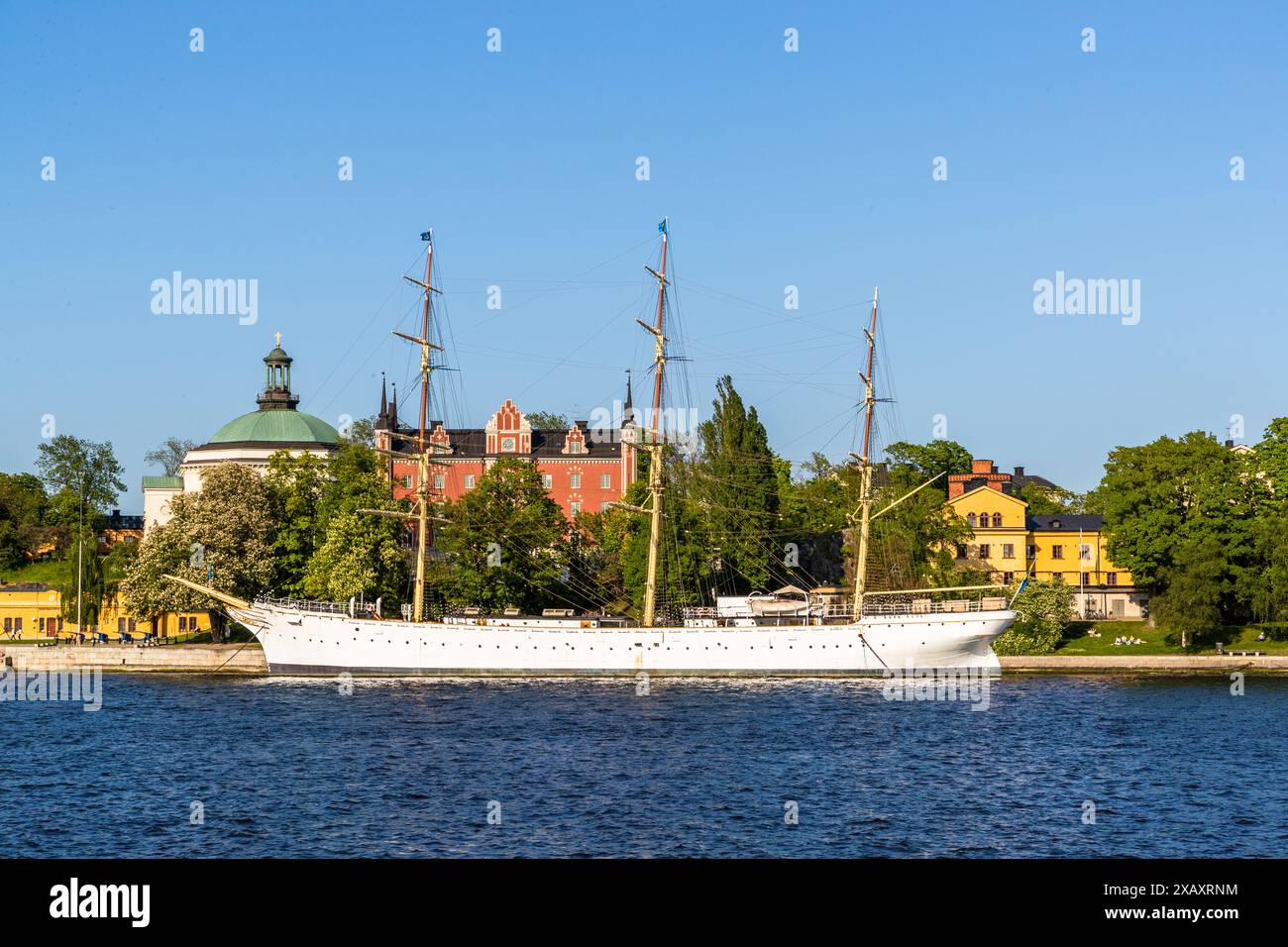 Sailing ship in front of the Skeppsholmen museum island. Cityscape of ...