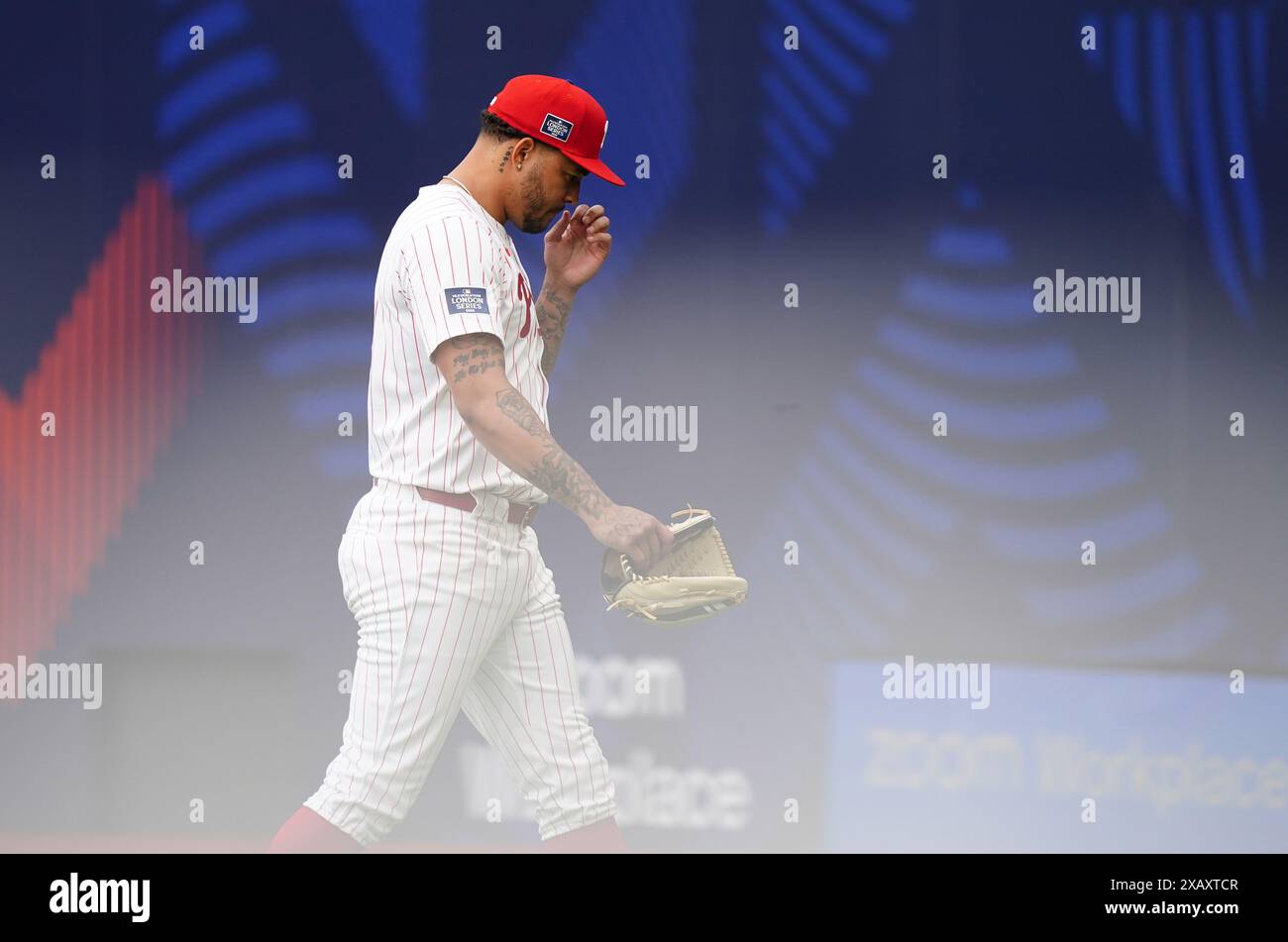 Philadelphia Phillies' Taijuan Walker leaves the field following a pitching change during game ...