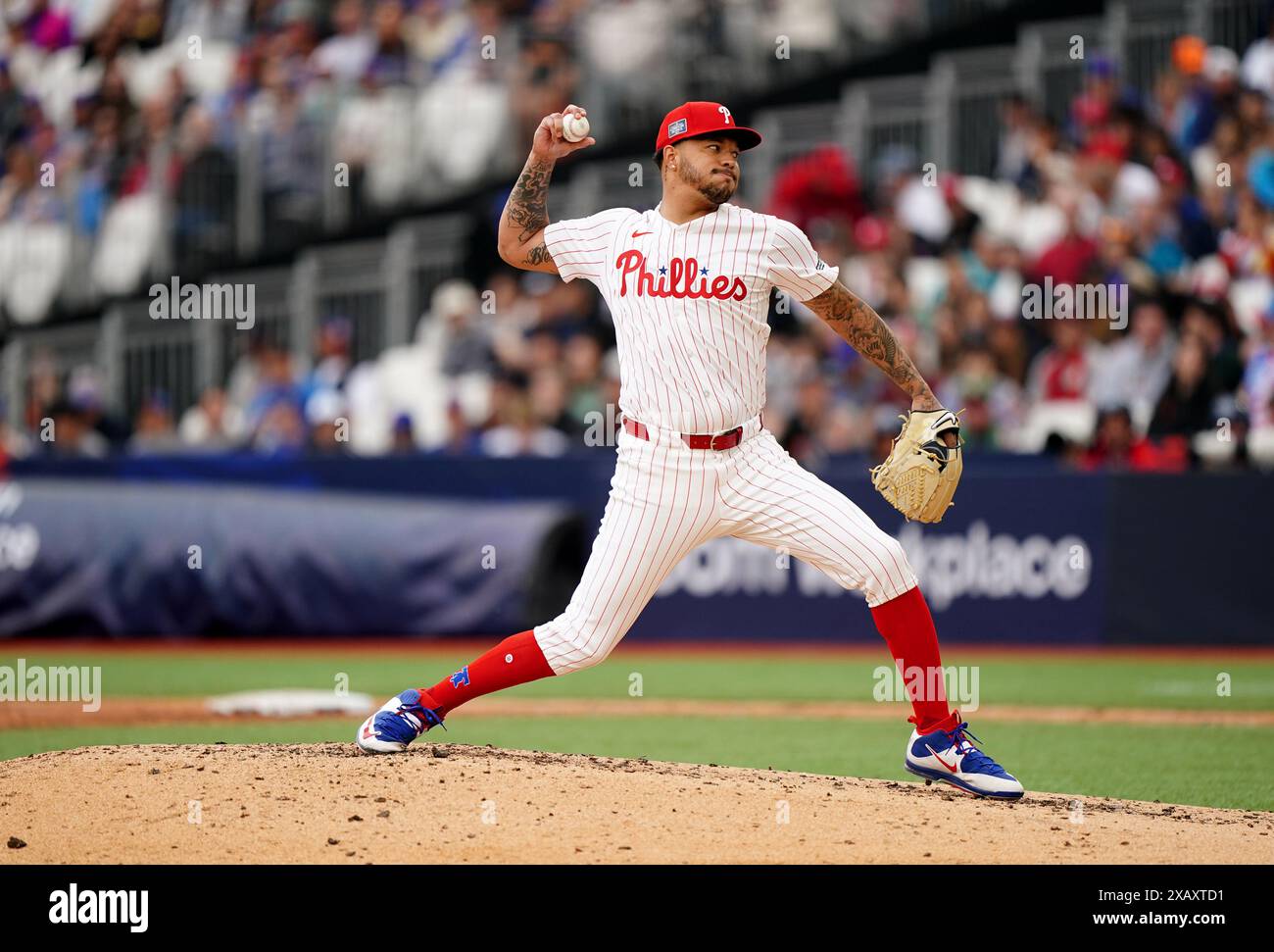 Philadelphia Phillies' Taijuan Walker pitches during game two of the MLB London Series at the ...