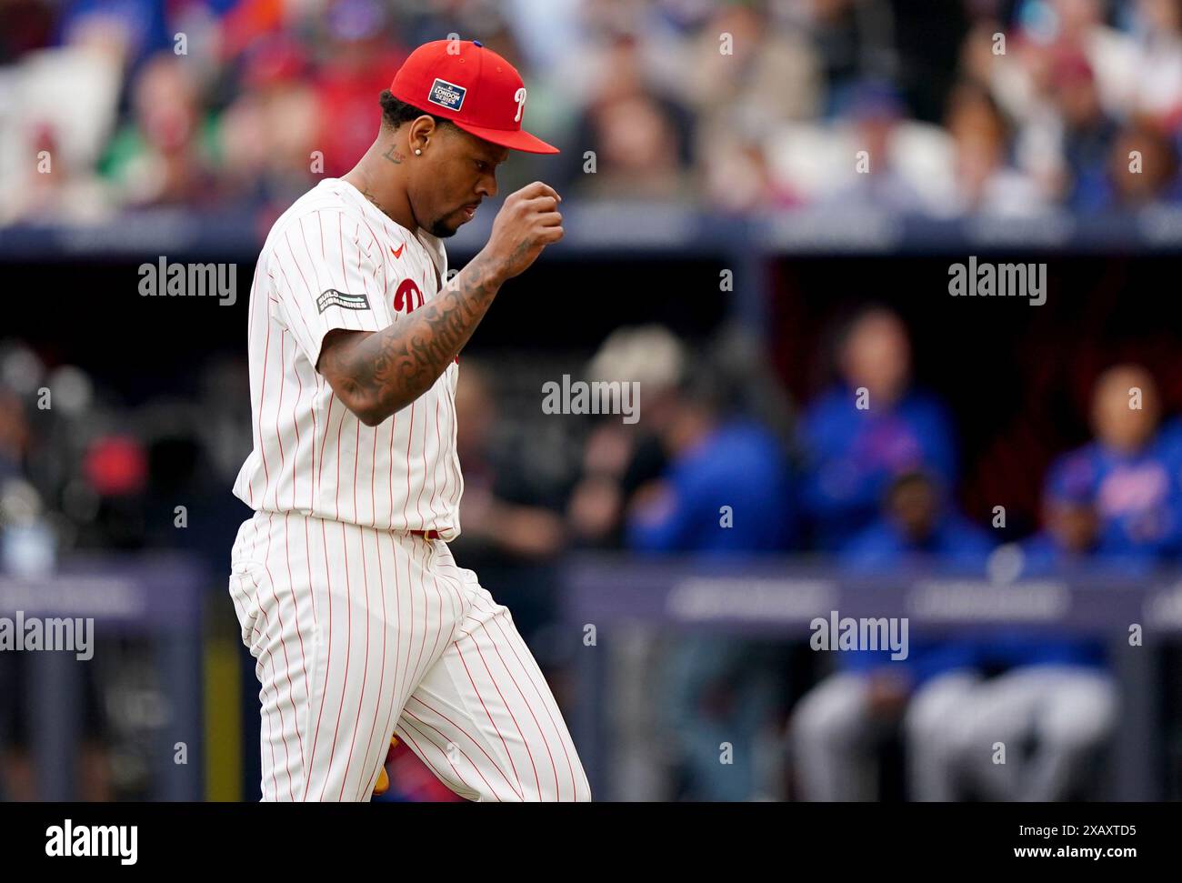 Philadelphia Phillies' Gregory Soto leaves the field following a pitching change during game two ...