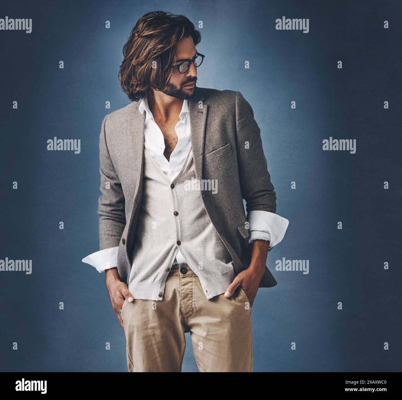 Business, man and thinking on dark background for fashion or corporate ...